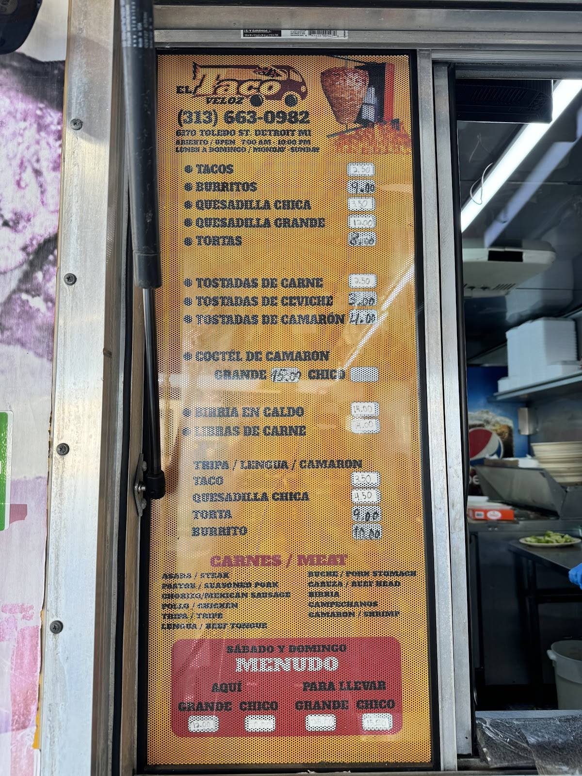 Menu at El Taco Veloz restaurant, Detroit, Toledo St