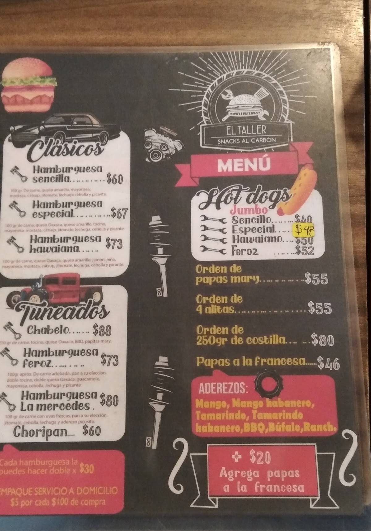 Carta del restaurante El Taller Snacks al Carbón, Pachuca del Soto