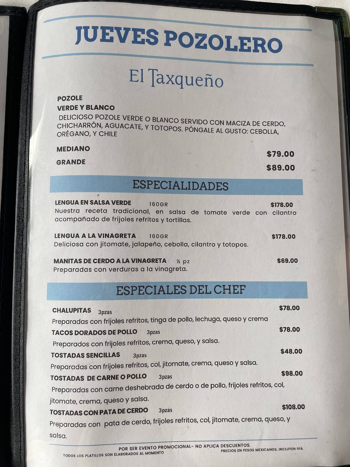 Carta del restaurante El Taxqueño, Taxco, Alfredo Checa Curi