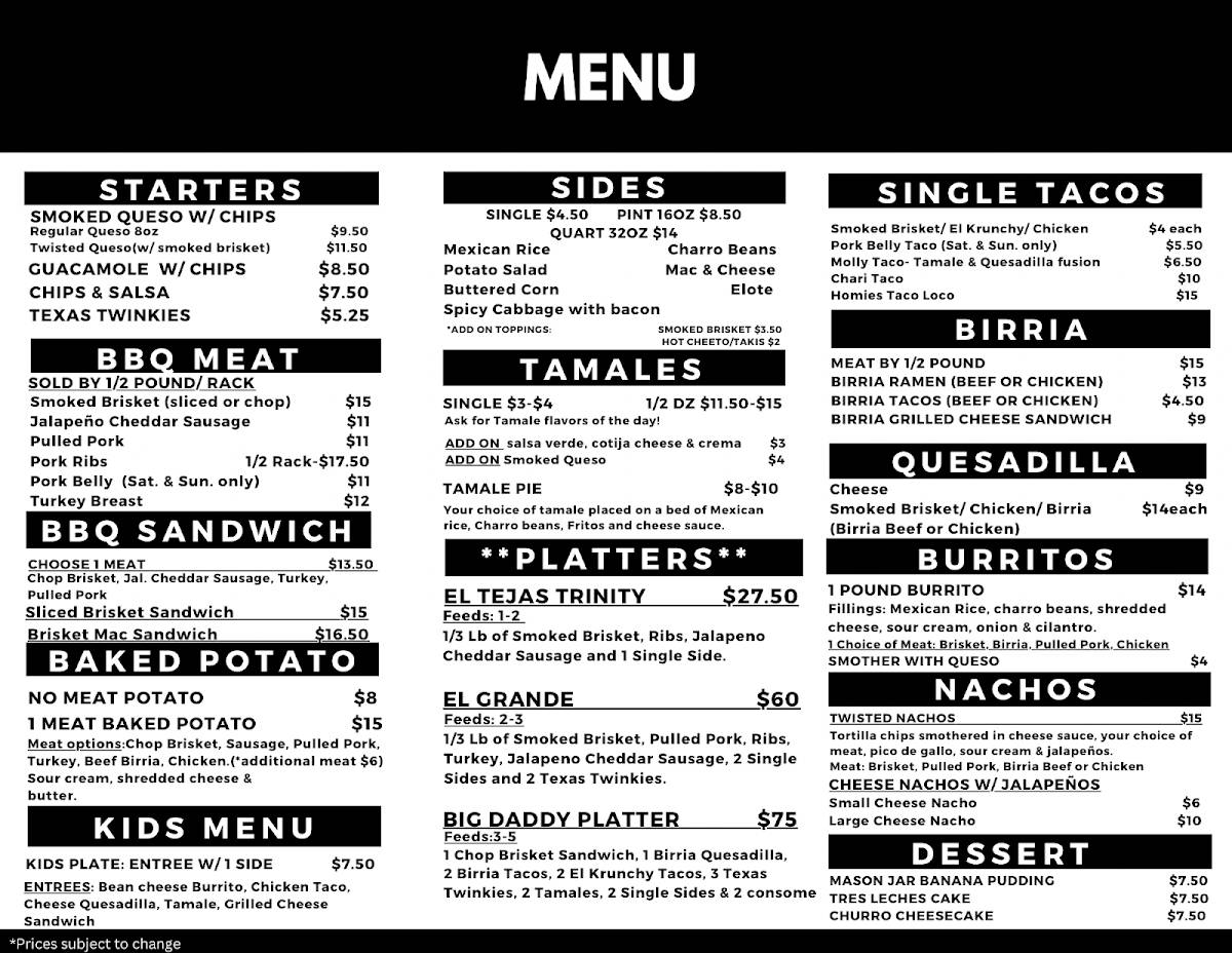 Menu at El Tejas Twist BBQ, Forney