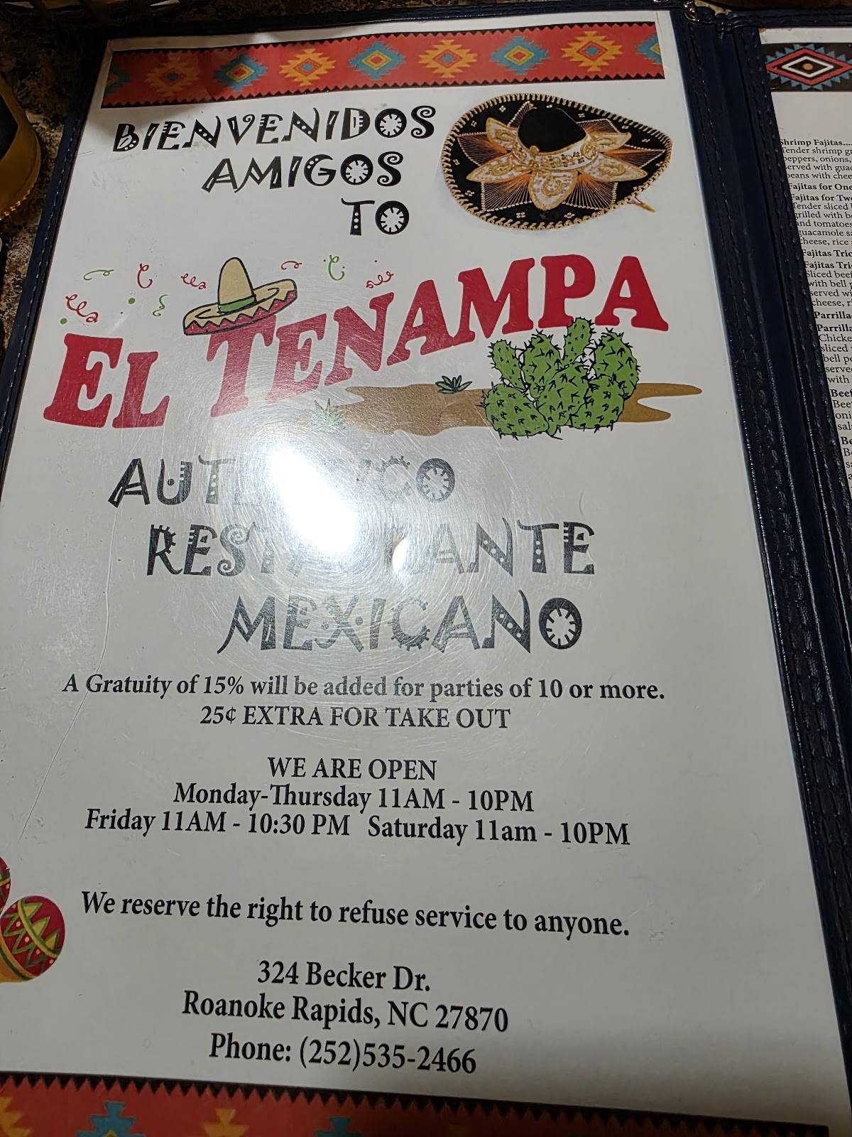 Menu at El Tenampa Mexican Restaurant, Roanoke Rapids
