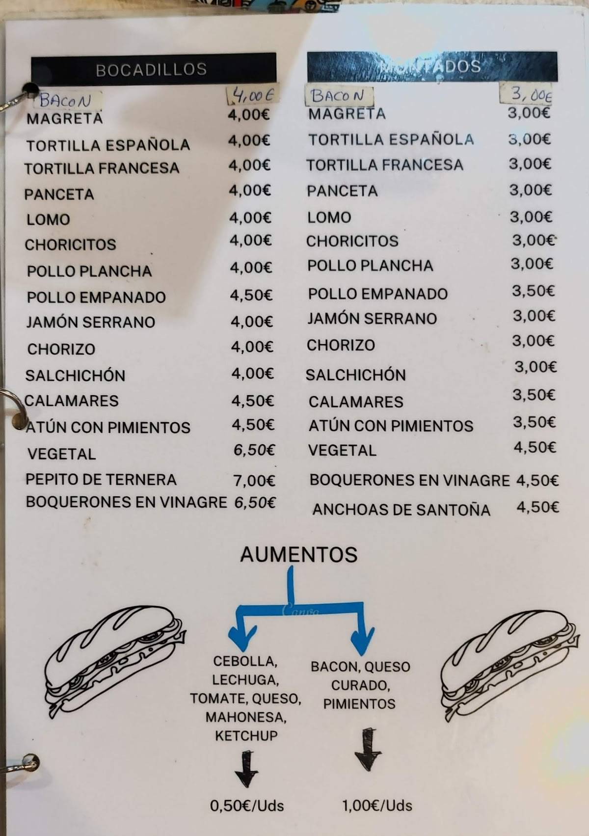Carta del pub y bar Taberna El Toril, Val del Santo Domingo