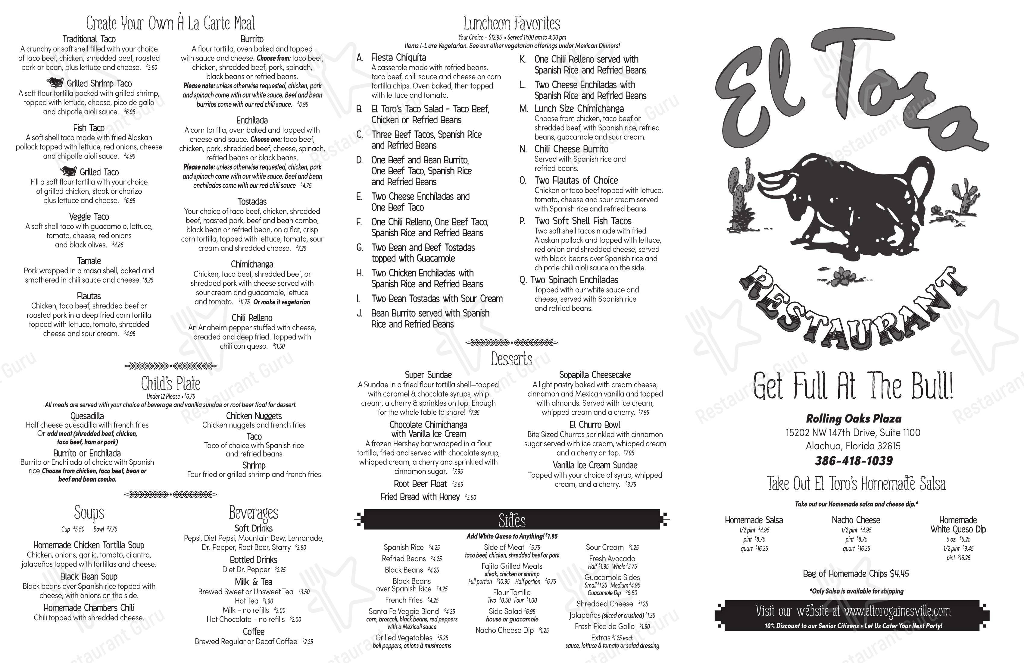 Menu at El Toro Mexican Restaurant, Alachua, NW 147th Dr