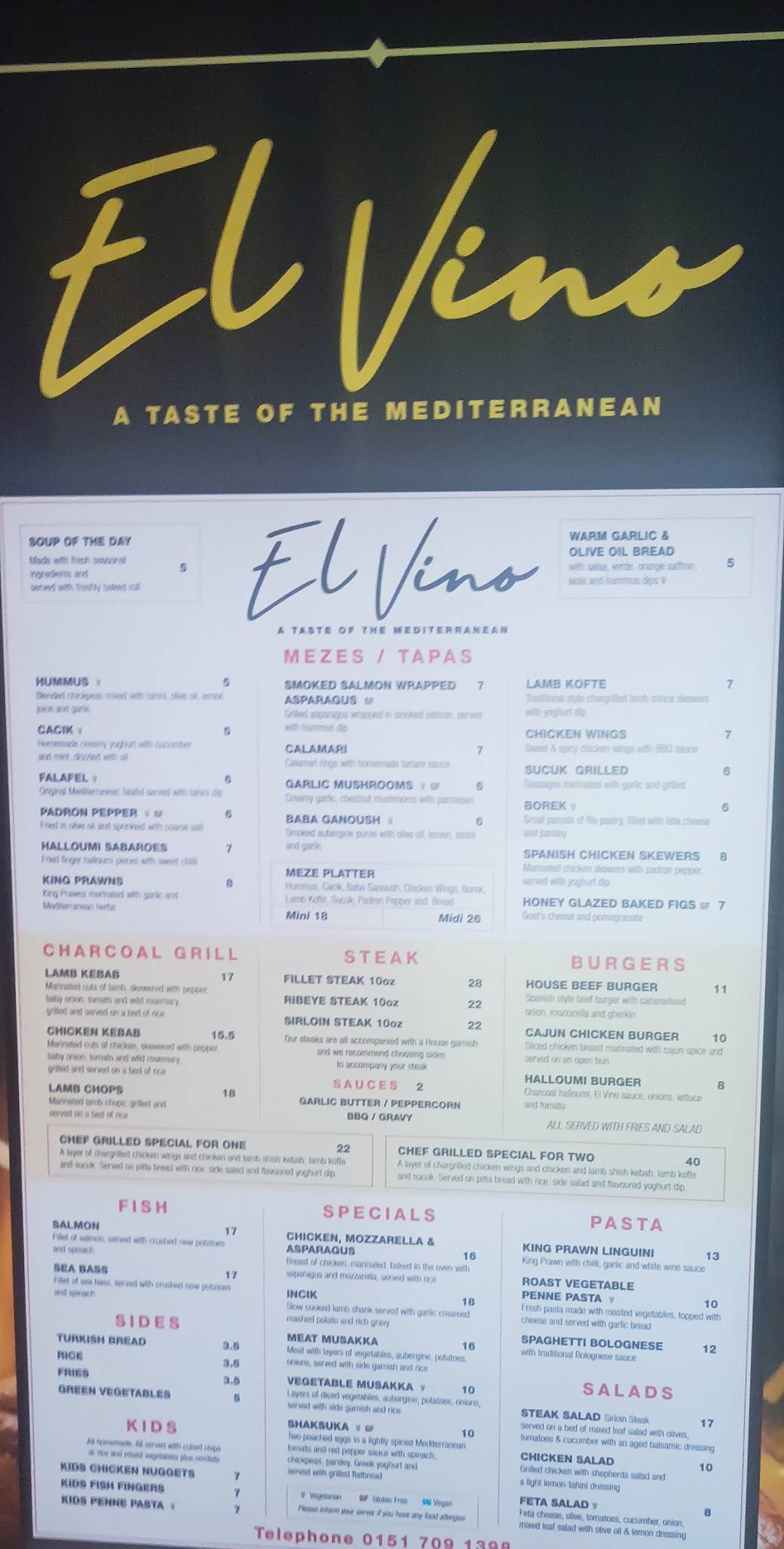Menu at El Vino Liverpool restaurant, Liverpool