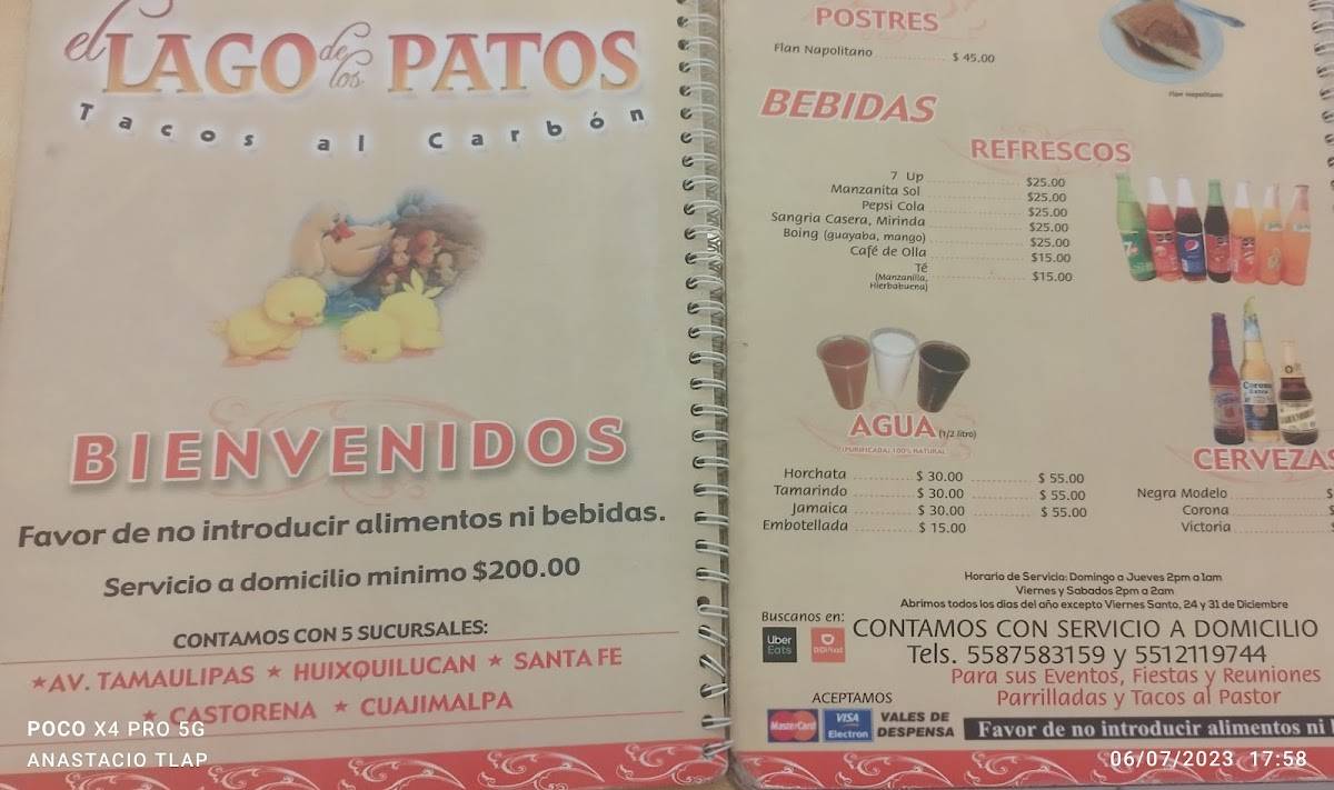 Carta del restaurante El lago del los patos, Mexico