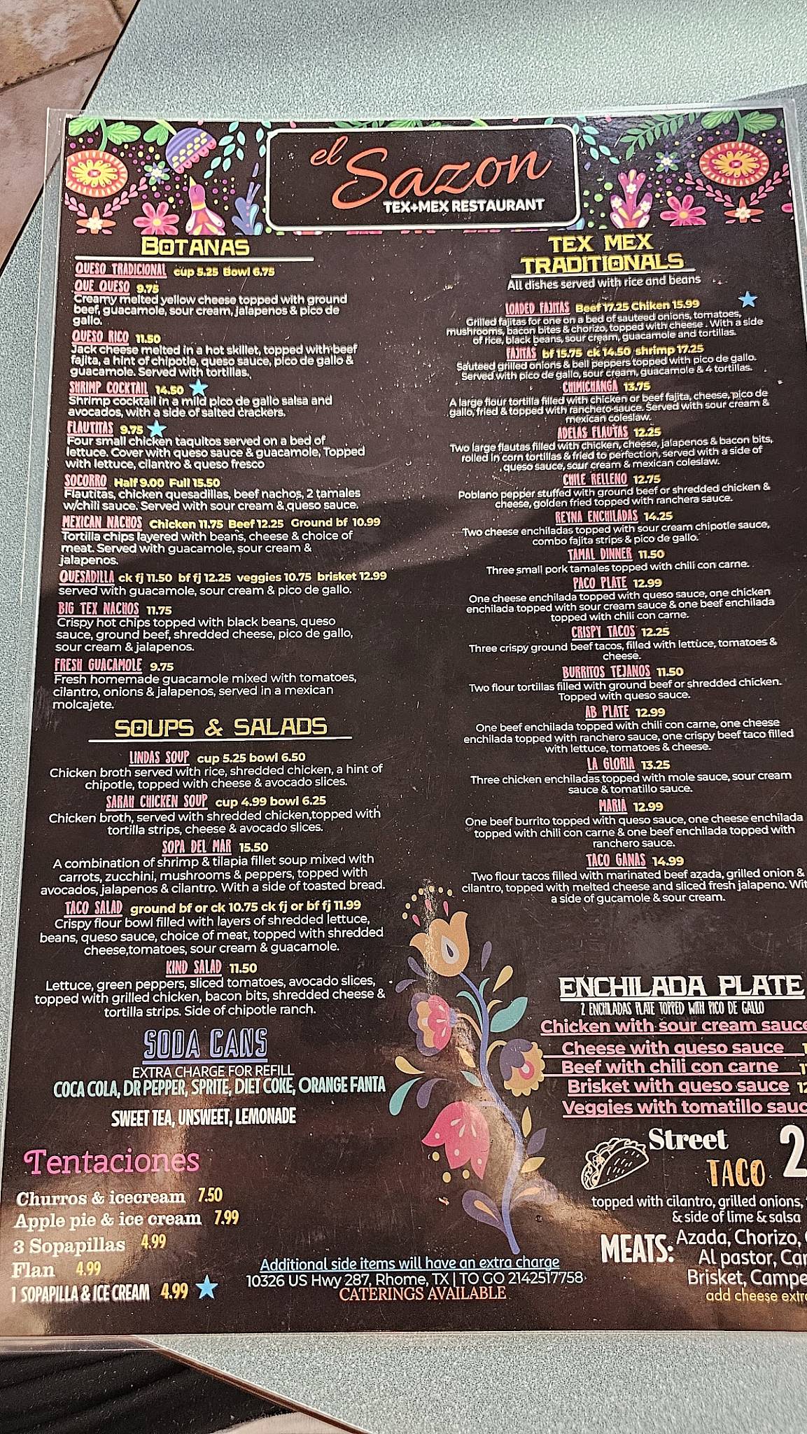 Menu at El Sazón Tex Mex Restaurant, Rhome