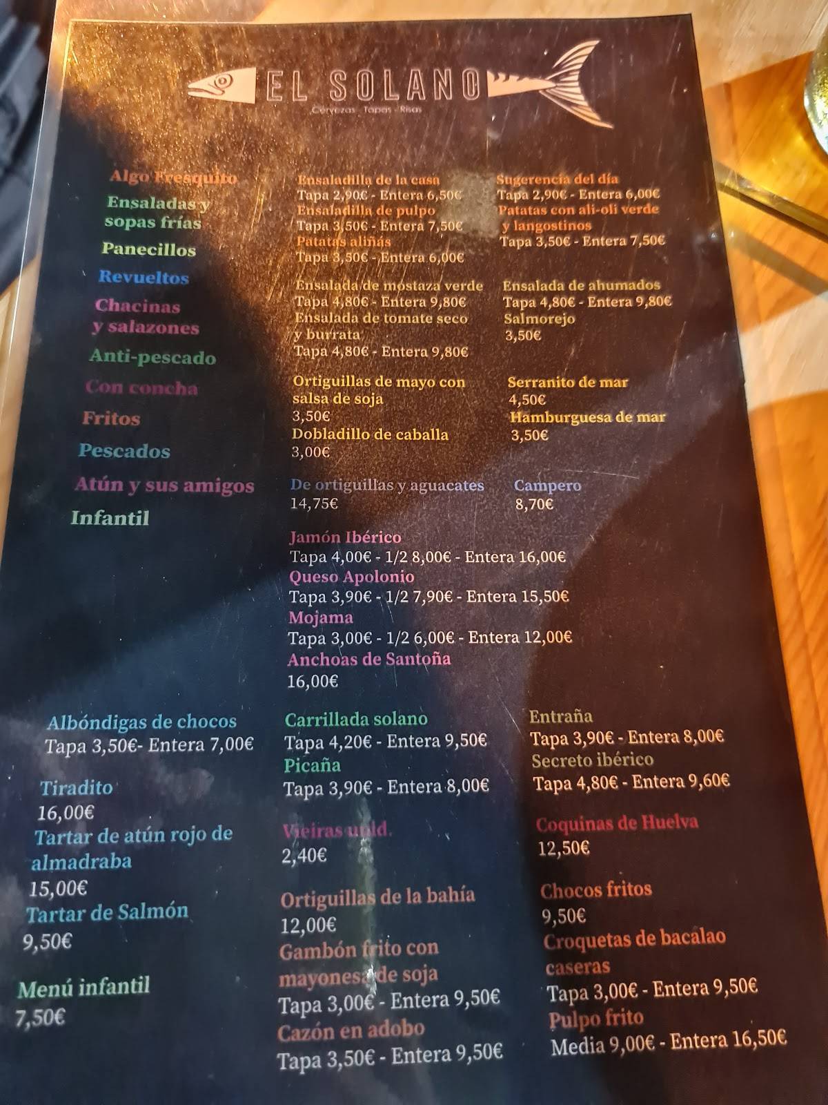 Carta de Restaurante El Solano, Cádiz