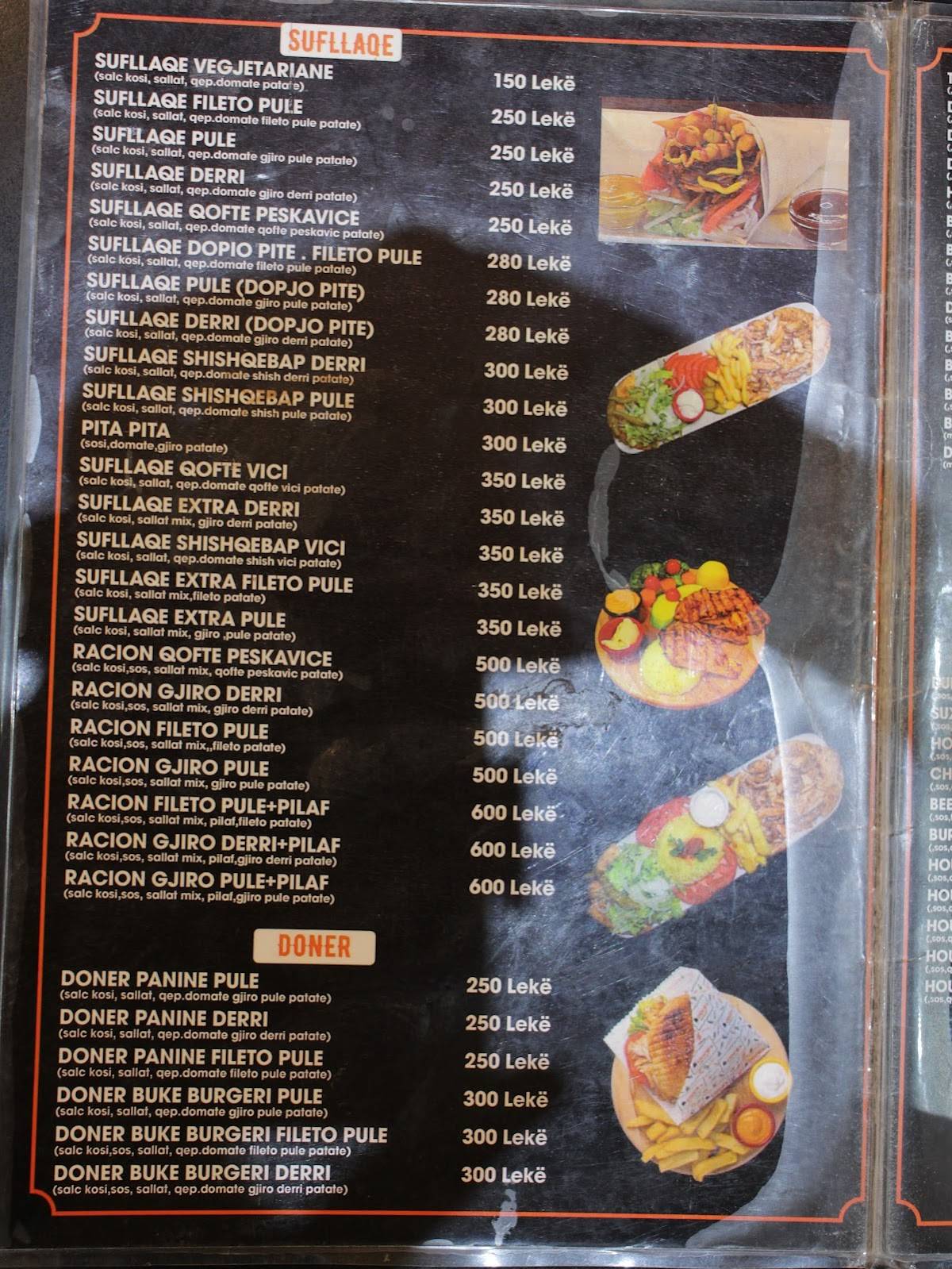Menu at Burger's House restaurant, Elbasan