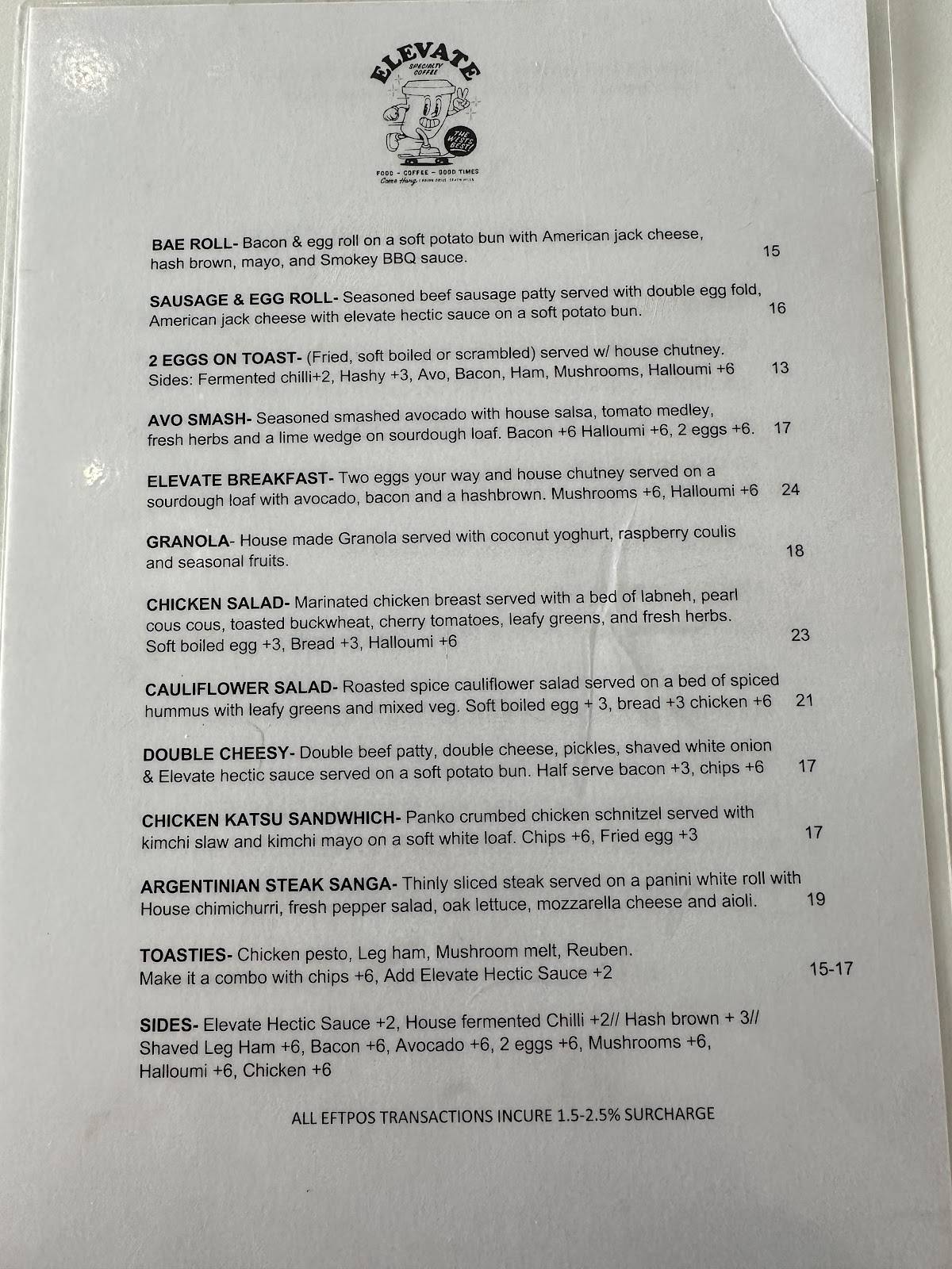 Menu at Elevate Specialty Coffee cafe, Seven Hills