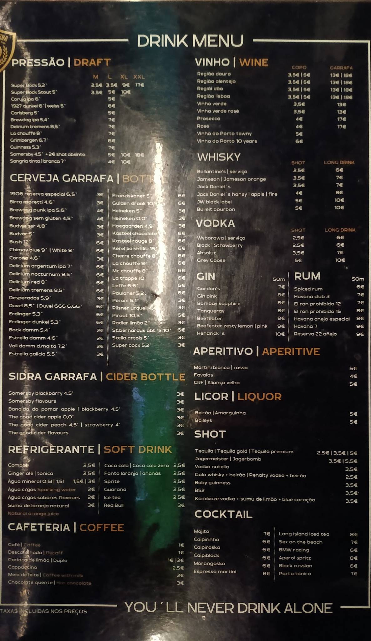 Carta de Eleven Sports Bar Foz, Oporto