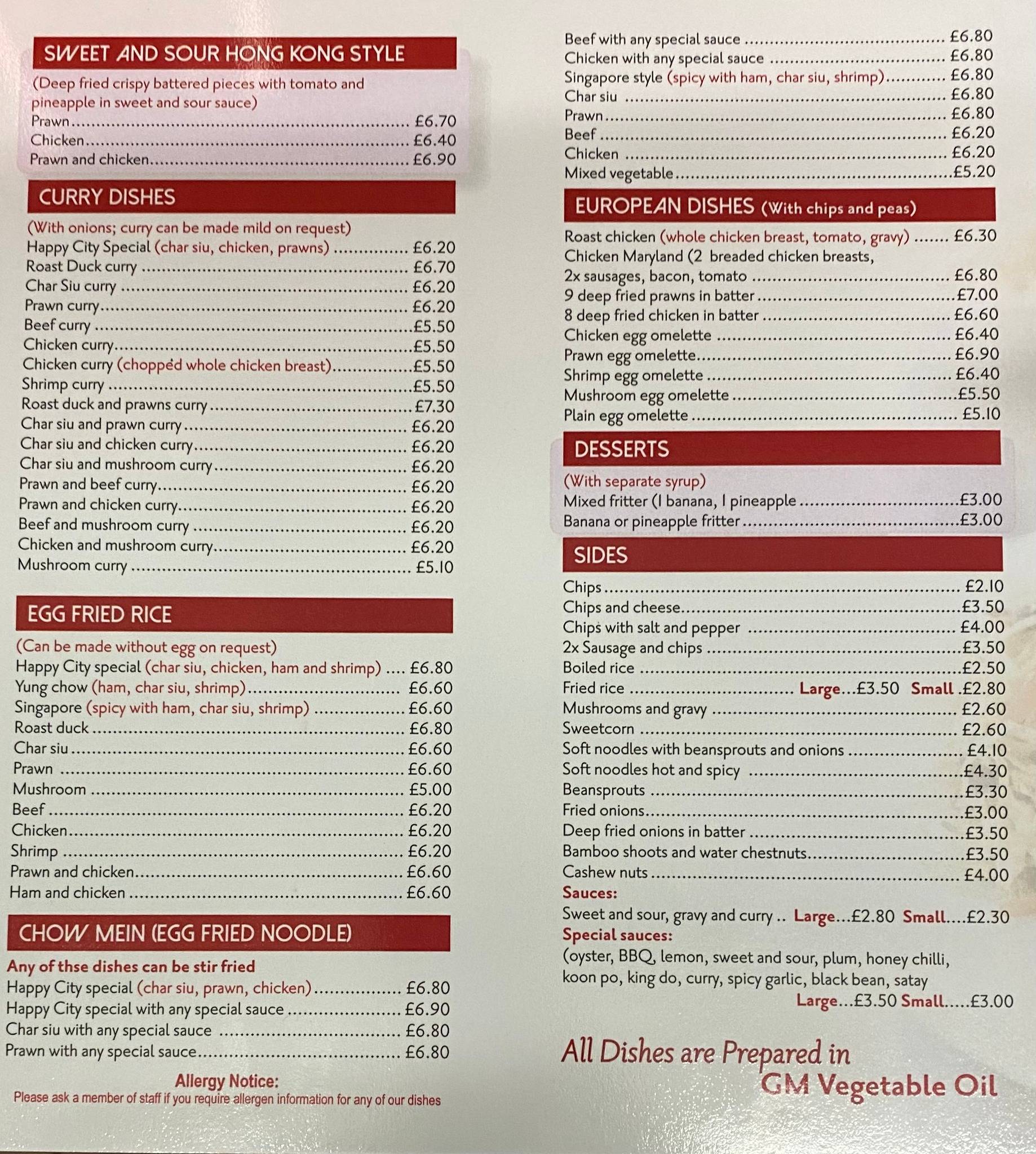 Menu at Happy City fast food, Elgin