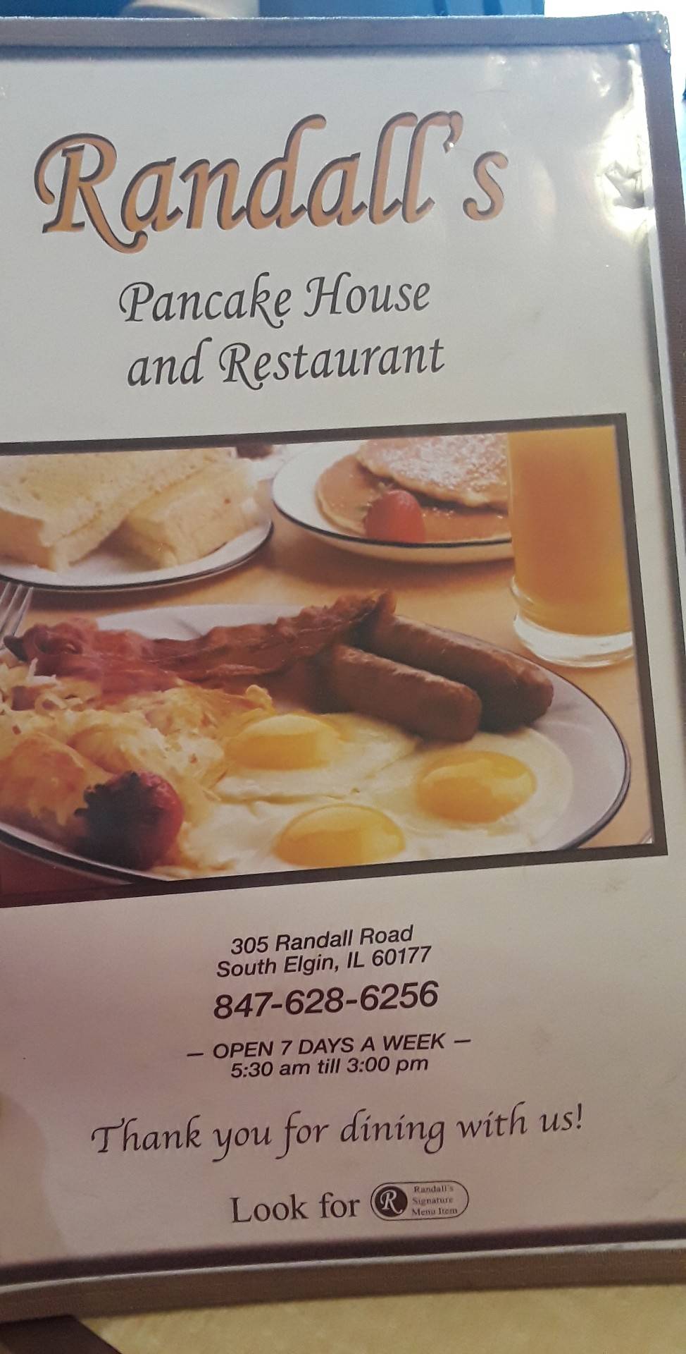 Menu at Randall's Pancake House restaurant, South Elgin