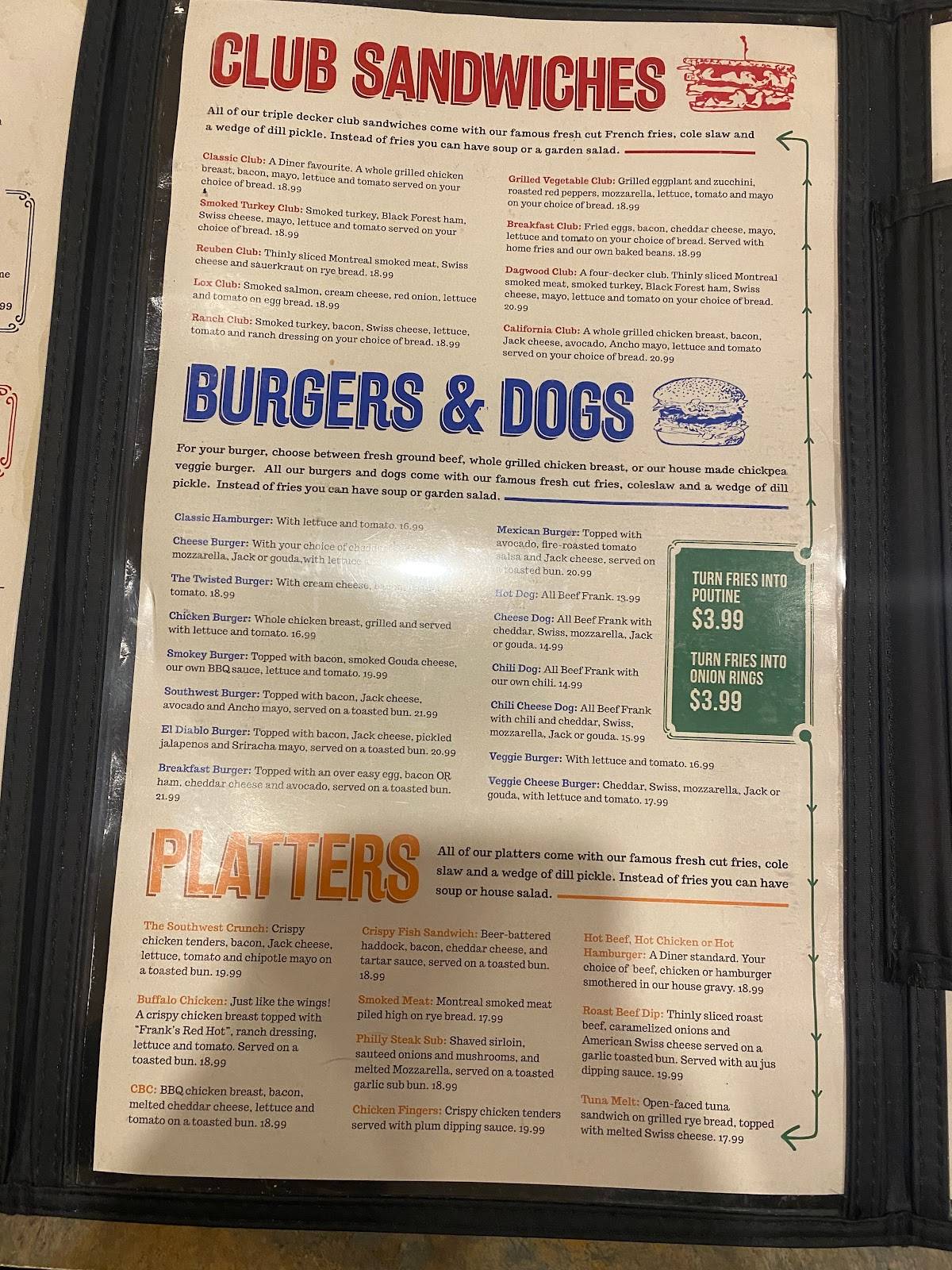Menu at Elgin Street Diner restaurant, Ottawa, 374 Elgin St
