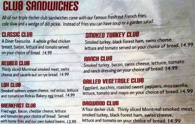 Menu at Elgin Street Diner restaurant, Ottawa, 374 Elgin St
