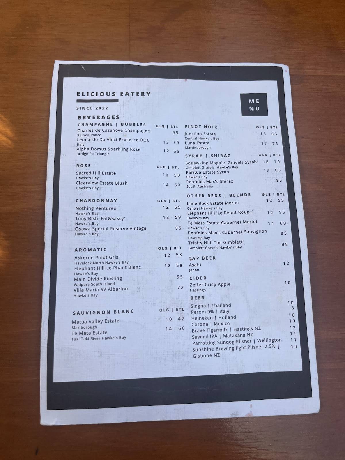 Carta del restaurante Elicious Eatery, Napier