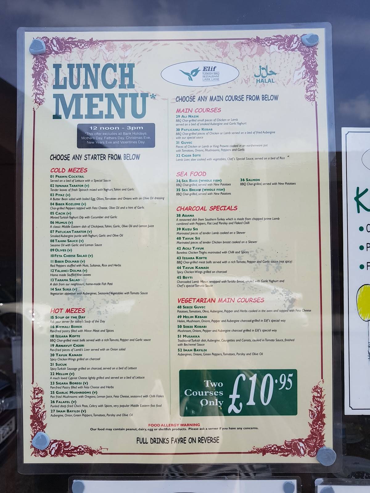 Menu at Elif Restaurant, Liverpool, 6 Lark Ln