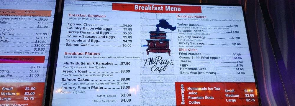 Menu at Ella Ray's Cafe, Forestville, Donnell Dr