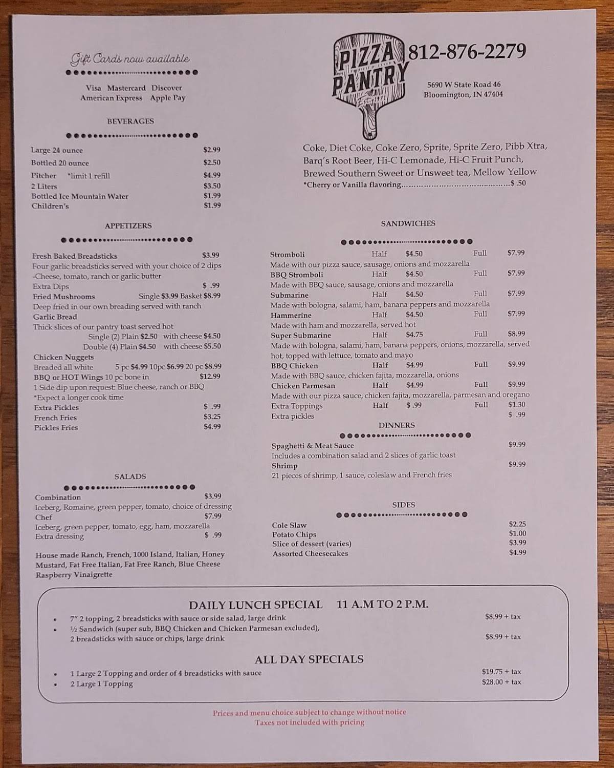 Menu at Ellettsville Pizza Pantry restaurant, Bloomington, IN-46