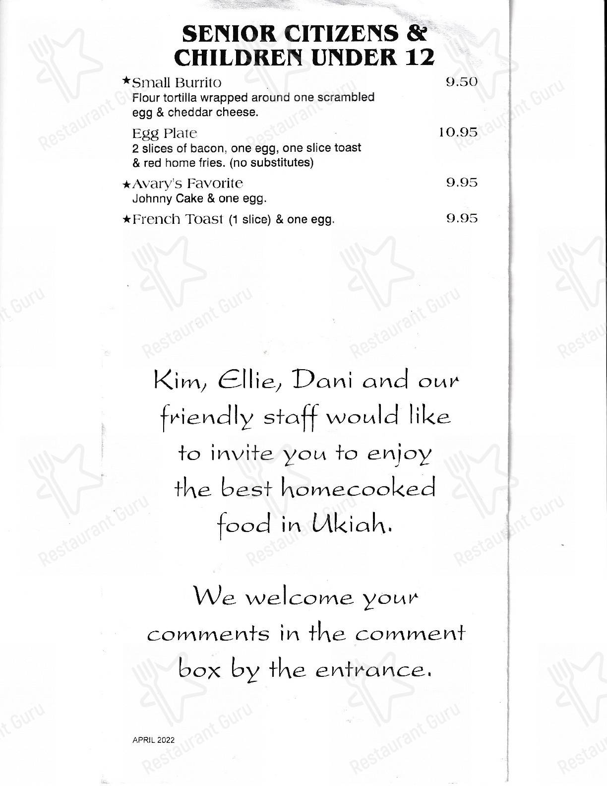 Menu at Ellie's Mutt Hut cafe, Ukiah