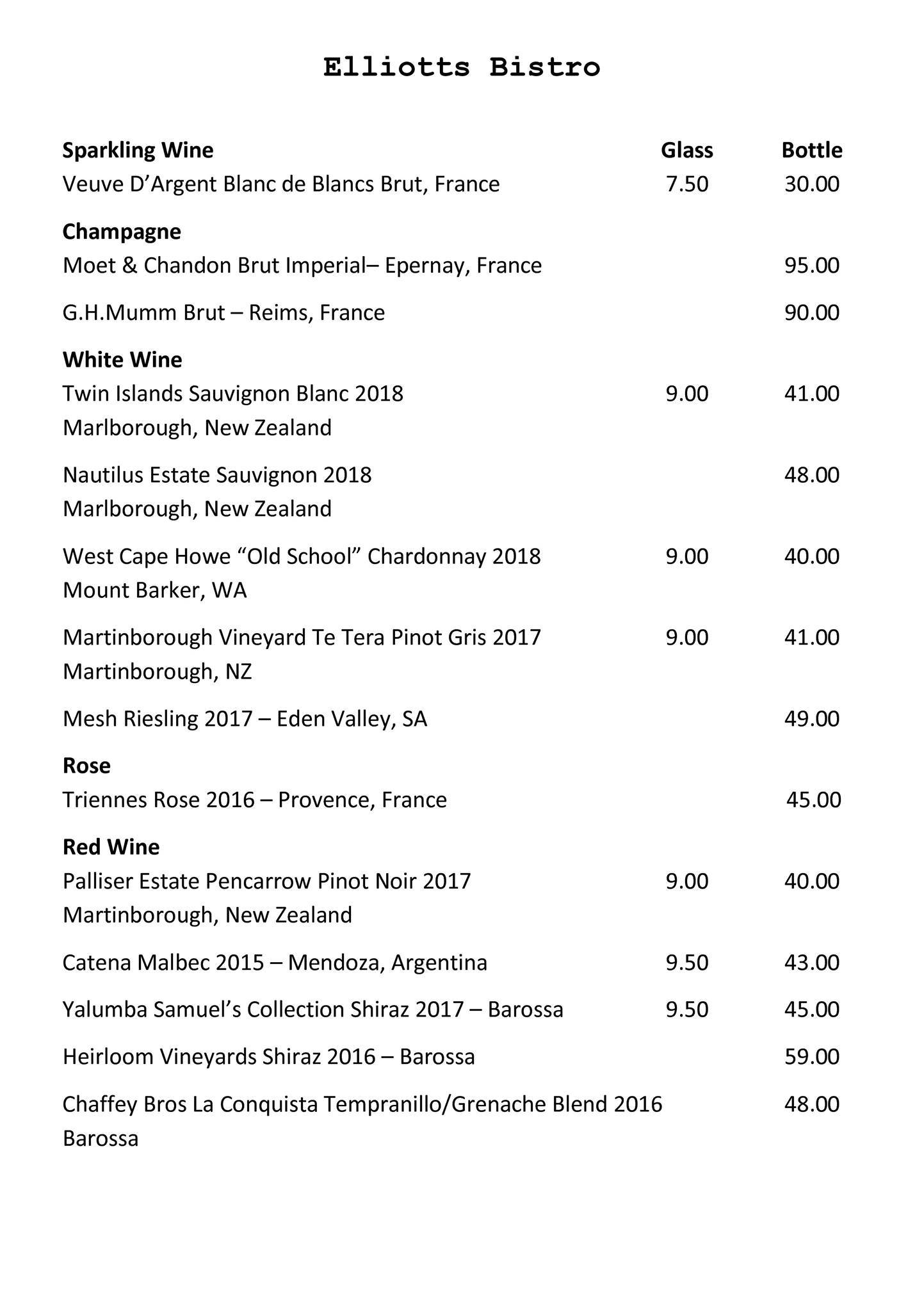 Menu at Elliott's Bistro cafe, Alexandra Headland