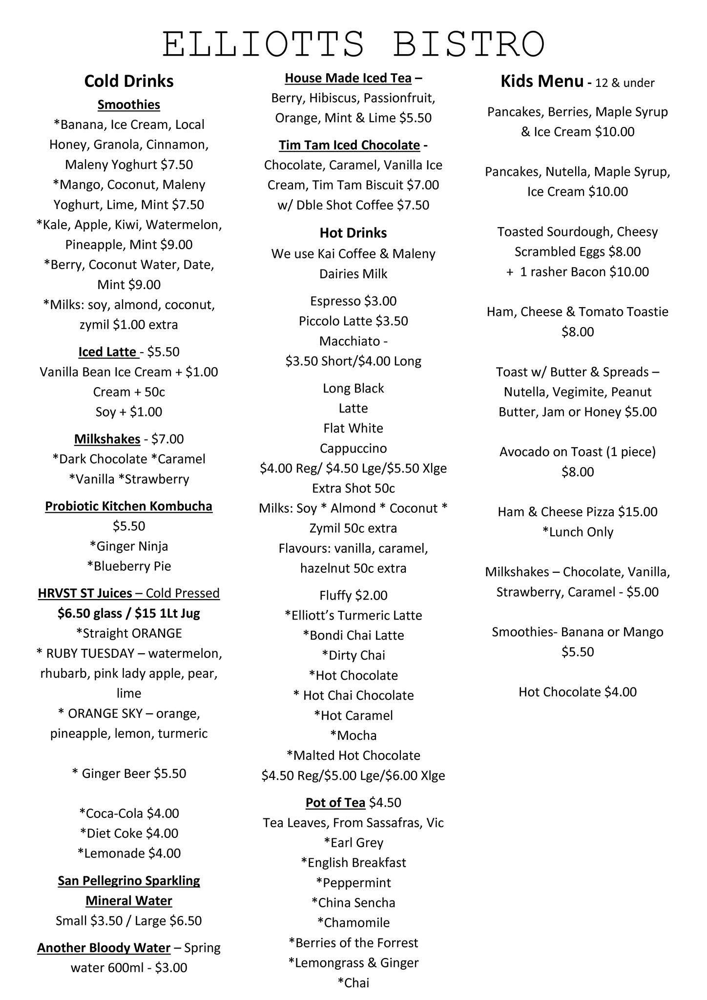 Menu at Elliott's Bistro cafe, Alexandra Headland
