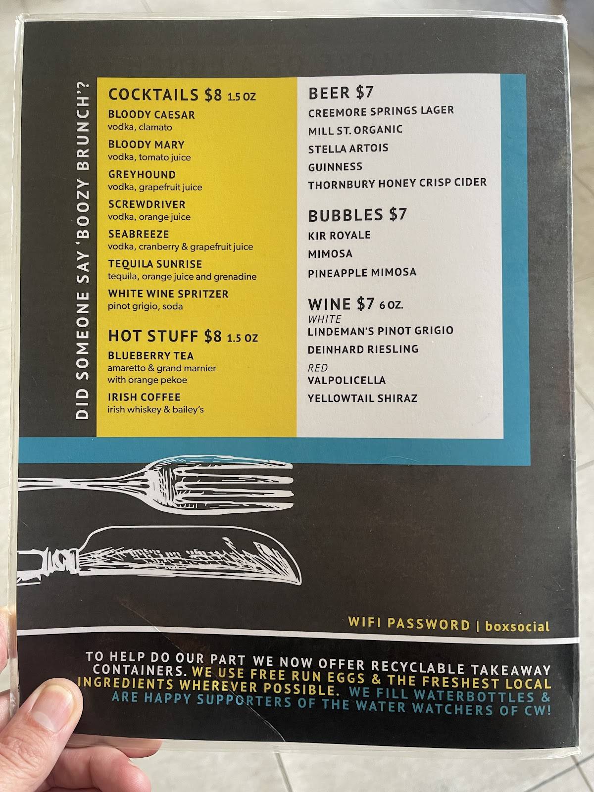 Menu at Box Social restaurant, Elora