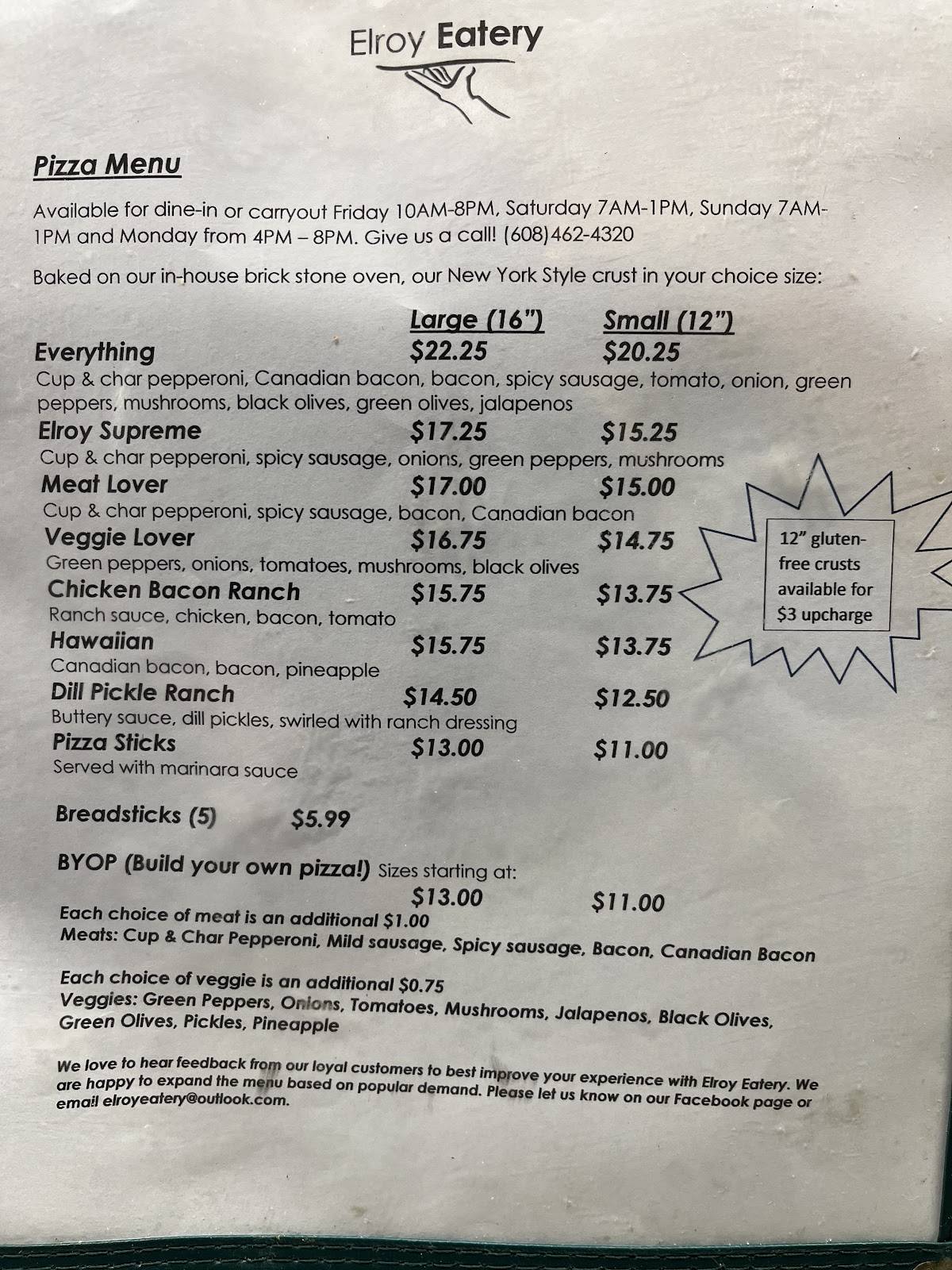 Menu at Elroy Eatery pizzeria, Elroy