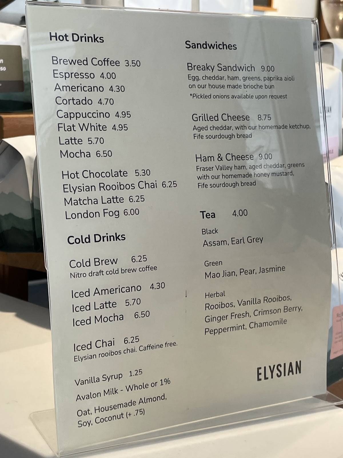 Menu at Elysian Coffee Downtown cafe, Vancouver, Burrard St