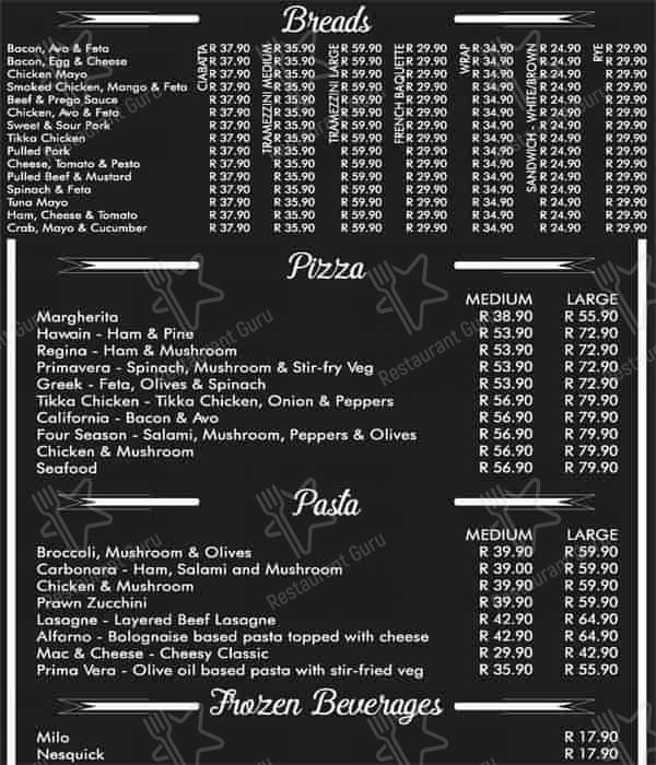 Menu at En Route cafeteria, Stellenbosch, 12 Hofmeyr St