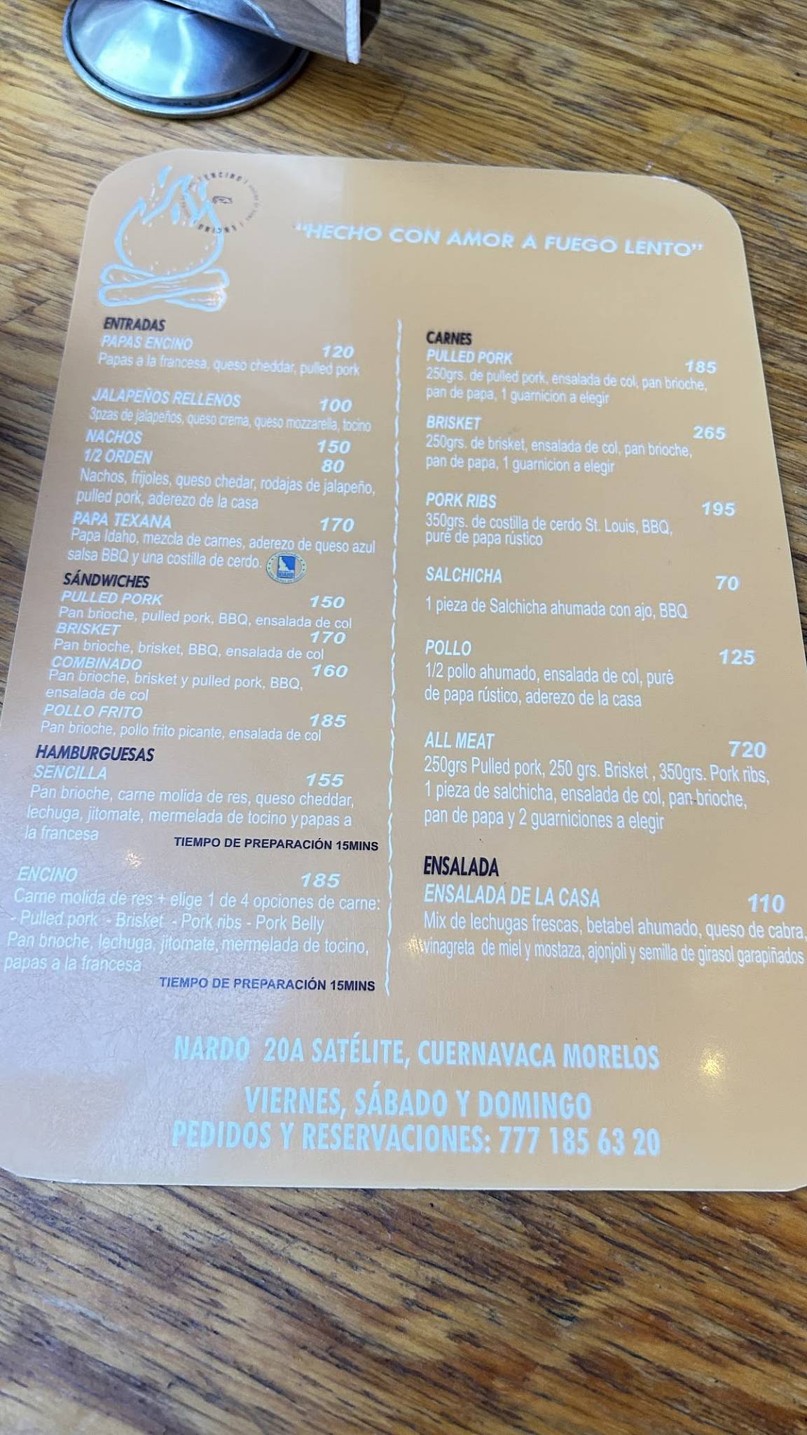 Carta del restaurante Encino cocina del humo, Cuernavaca