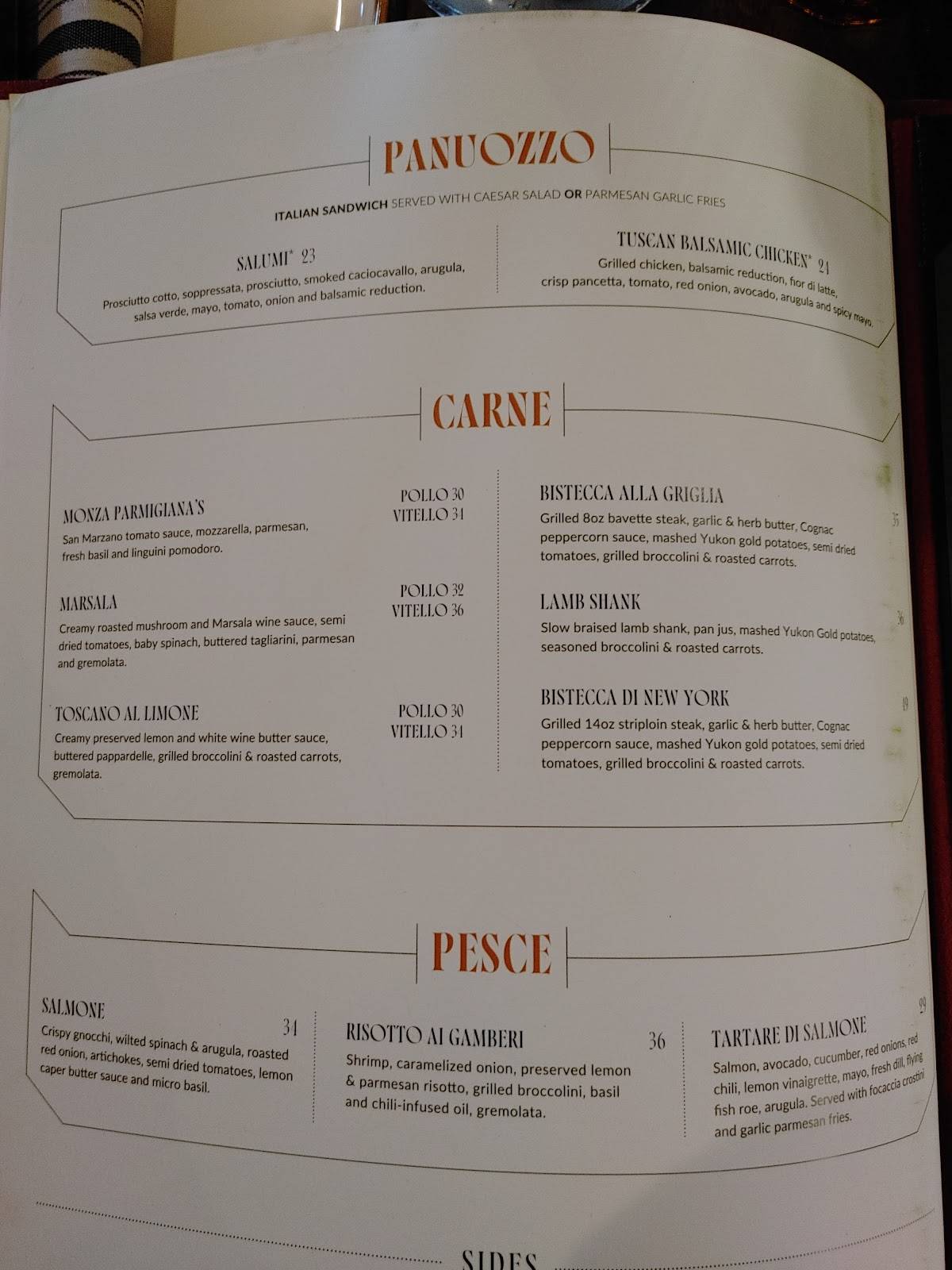 Menu au Enoteca Monza Pizzeria Moderna, Gatineau