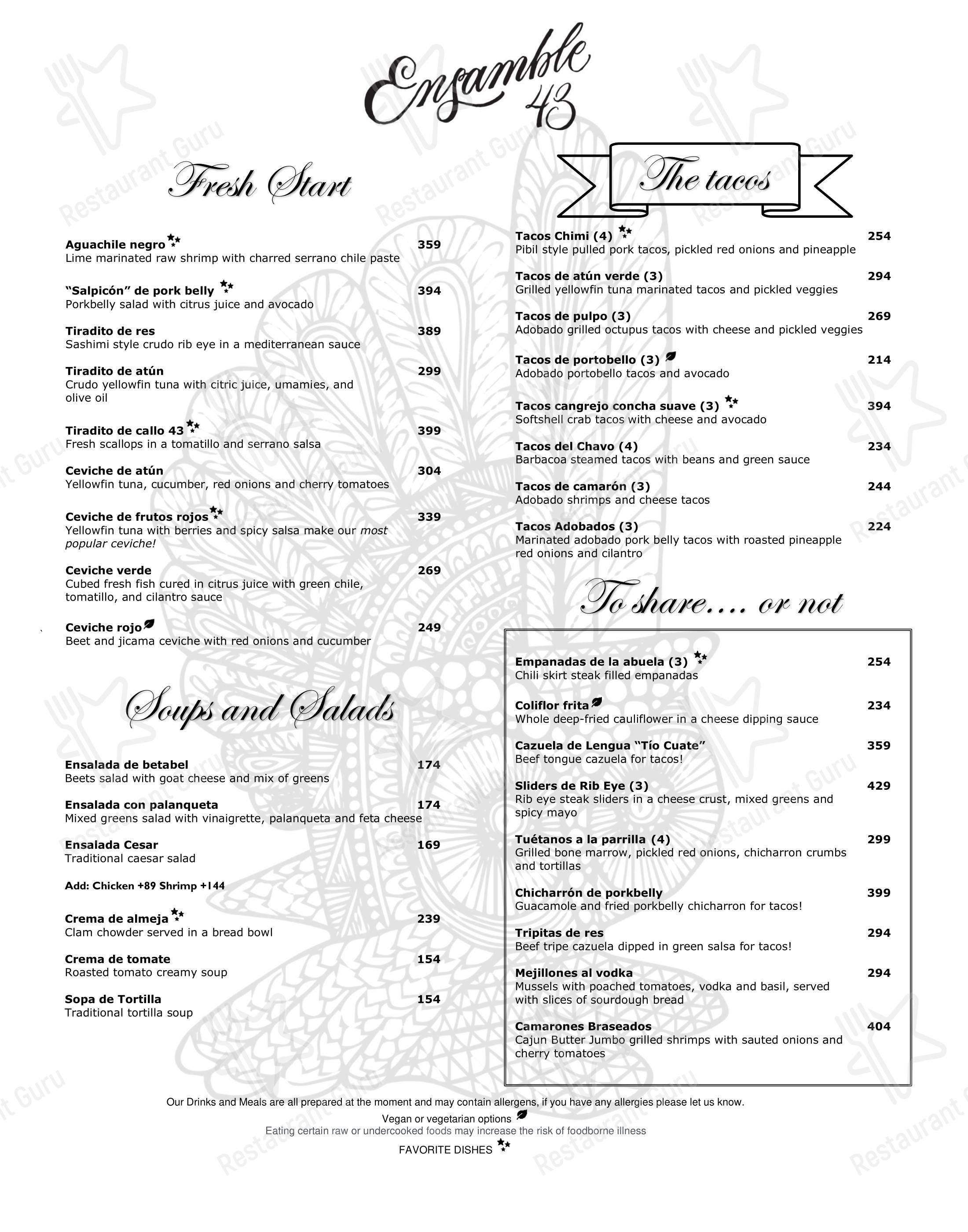 Menu at Ensamble 43 steakhouse, Tecate