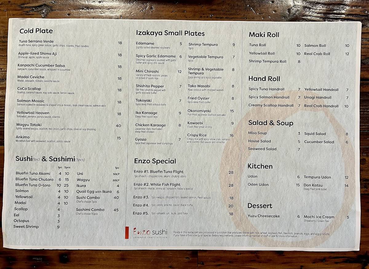 Menu at Enzo Sushi Fort Worth restaurant, Fort Worth