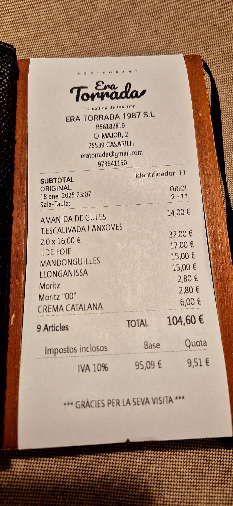 Carta del restaurante Era Torrada Casarilh, Casarilh, Carrèr Major