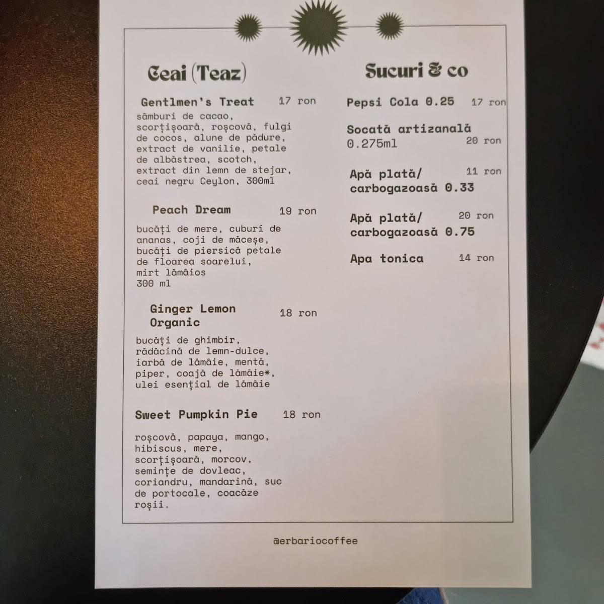 Menu at Erbario, Bucharest