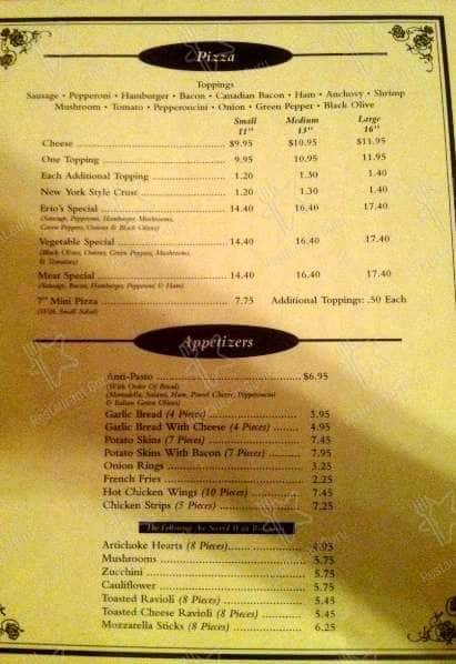 Menu at Erio's Pizza & Restaurant, Woodson Terrace