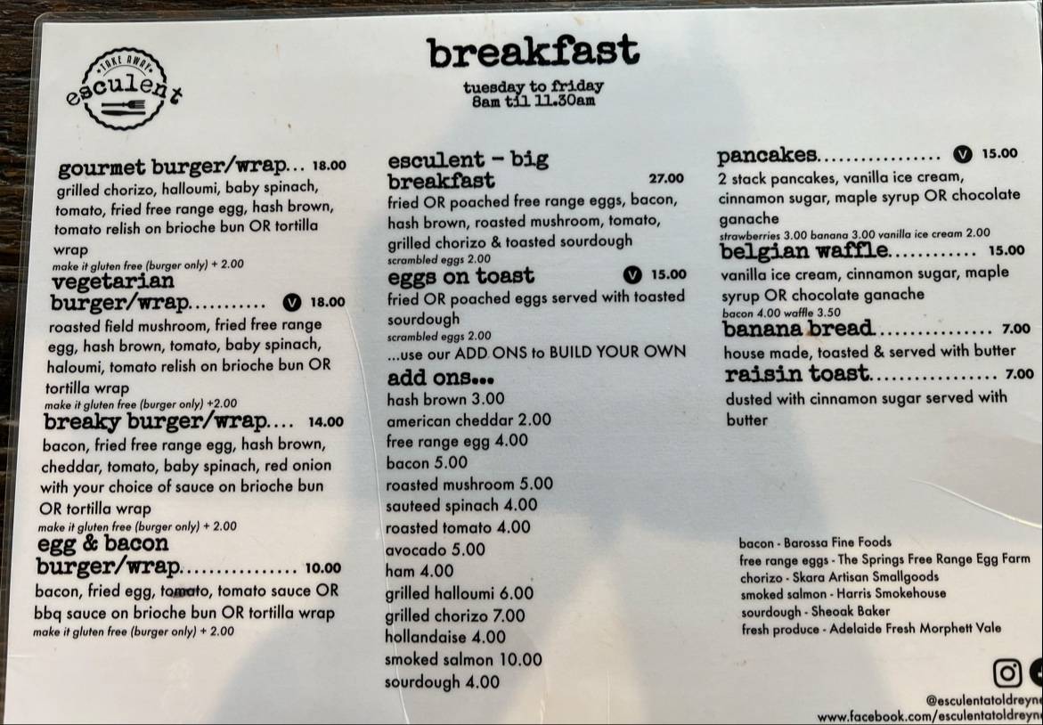 Menu at Esculent fast food, Old Reynella