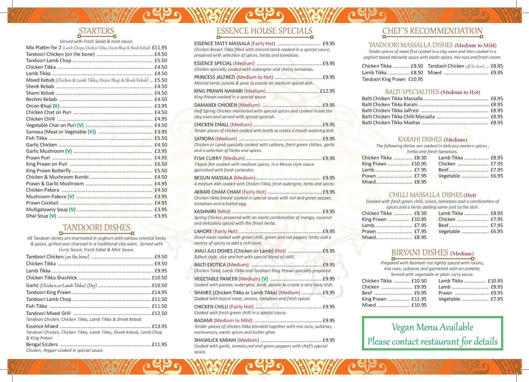 Menu at Essence restaurant, Altrincham, 83 Manchester Rd