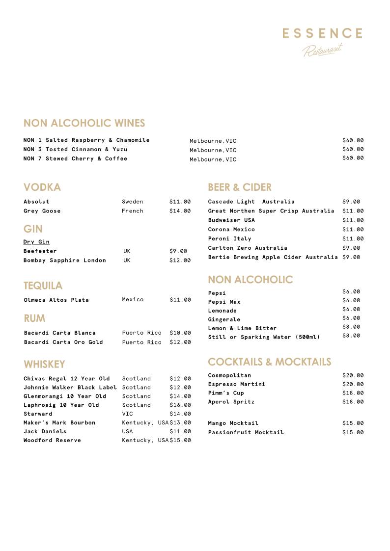 Menu at Essence Restaurant, Melbourne
