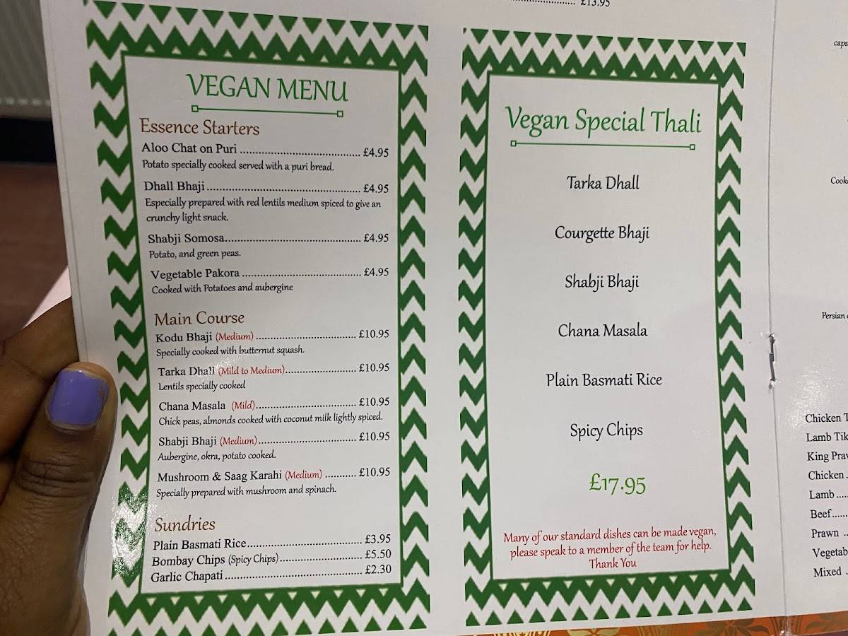Menu at Essence restaurant, Altrincham, 83 Manchester Rd