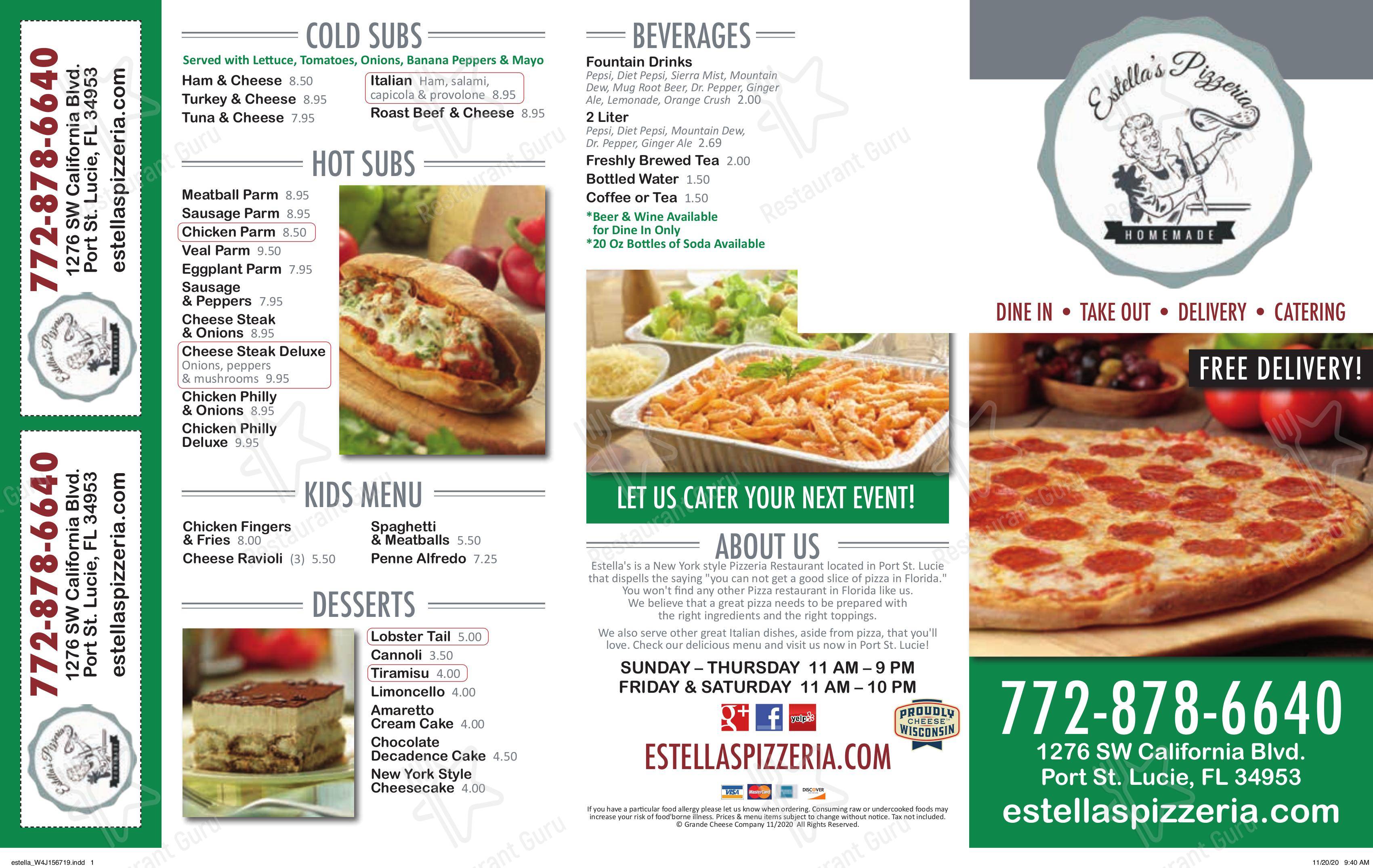 Menu at Estella's Pizzeria, Port St. Lucie