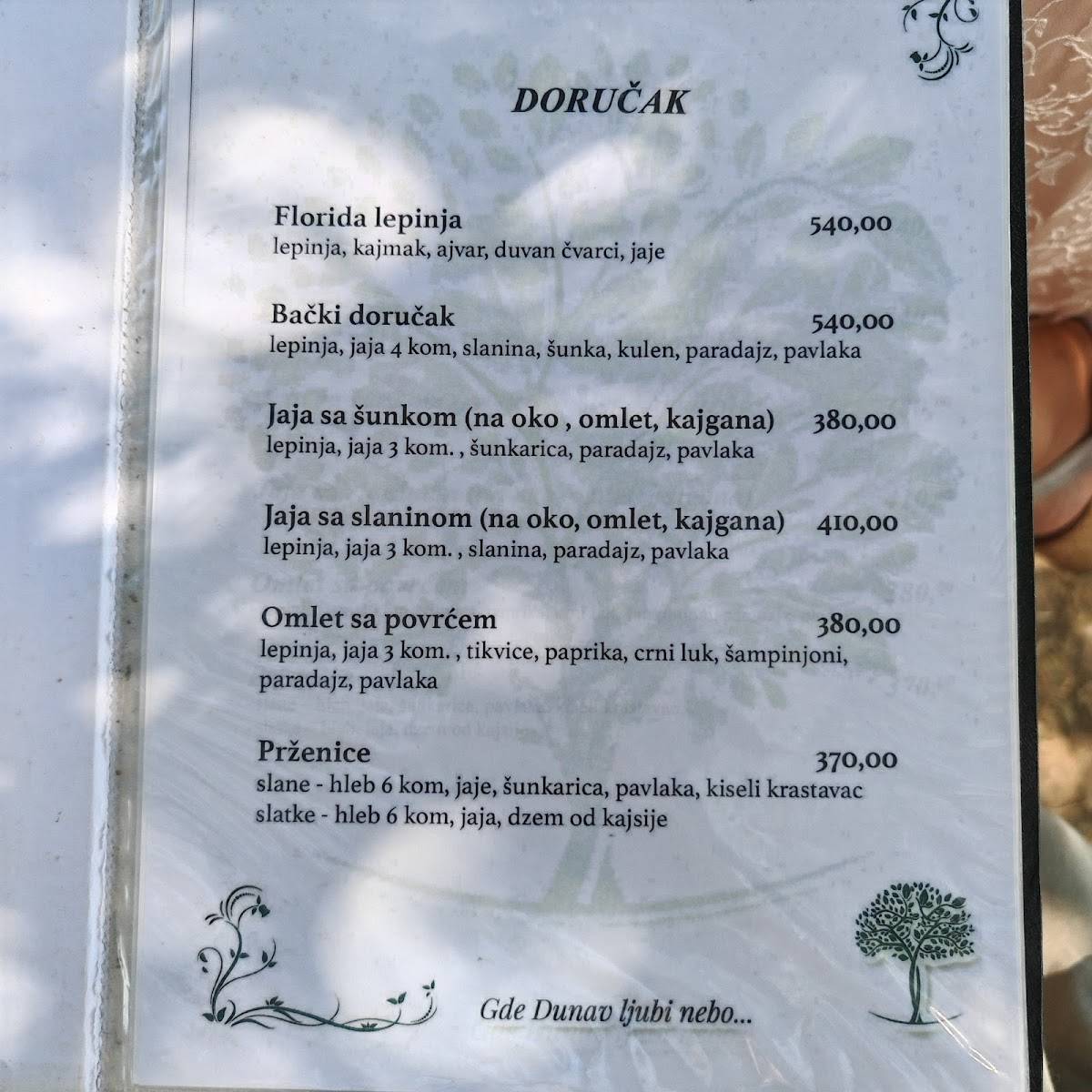 Menu au Ethno restaurant, Florida, Backa Palanka