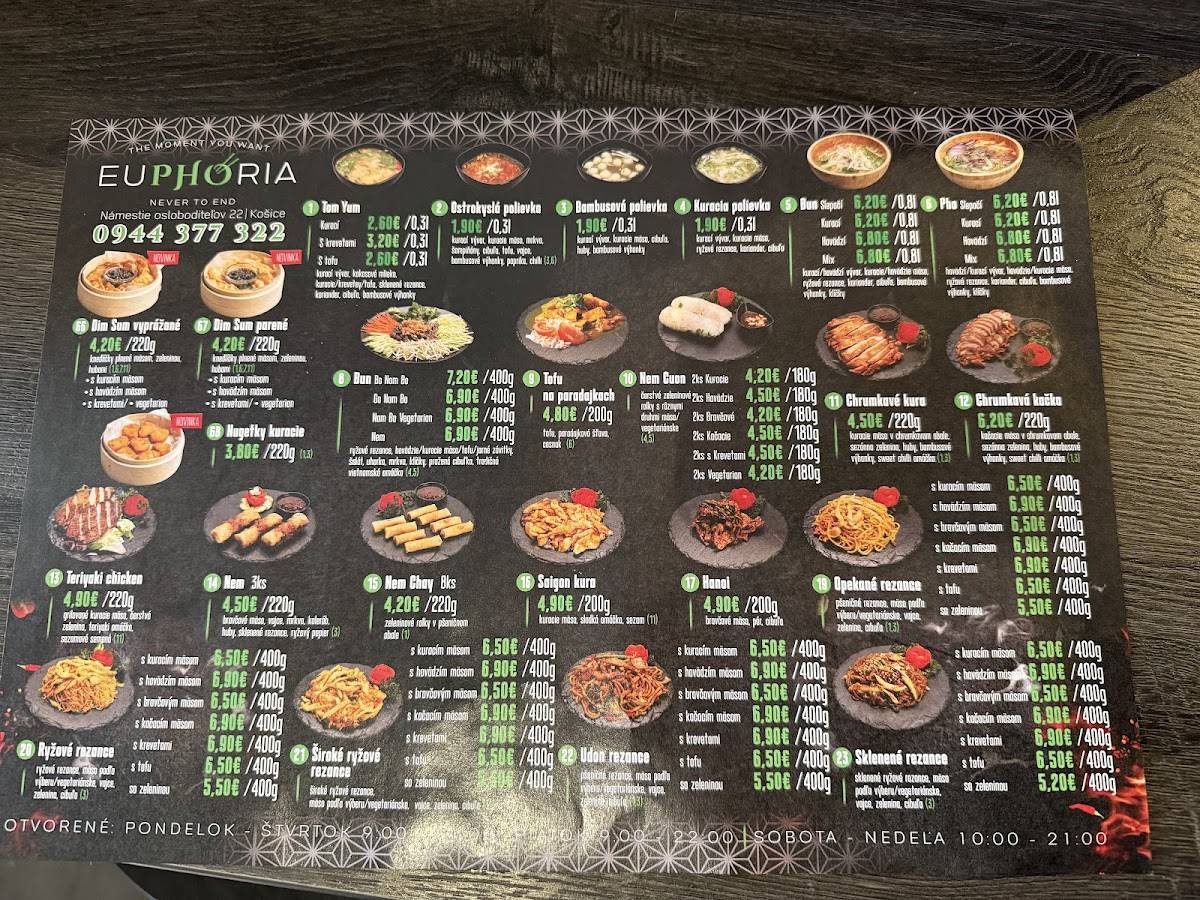 Menu at Euphoria Bistro restaurant, Košice