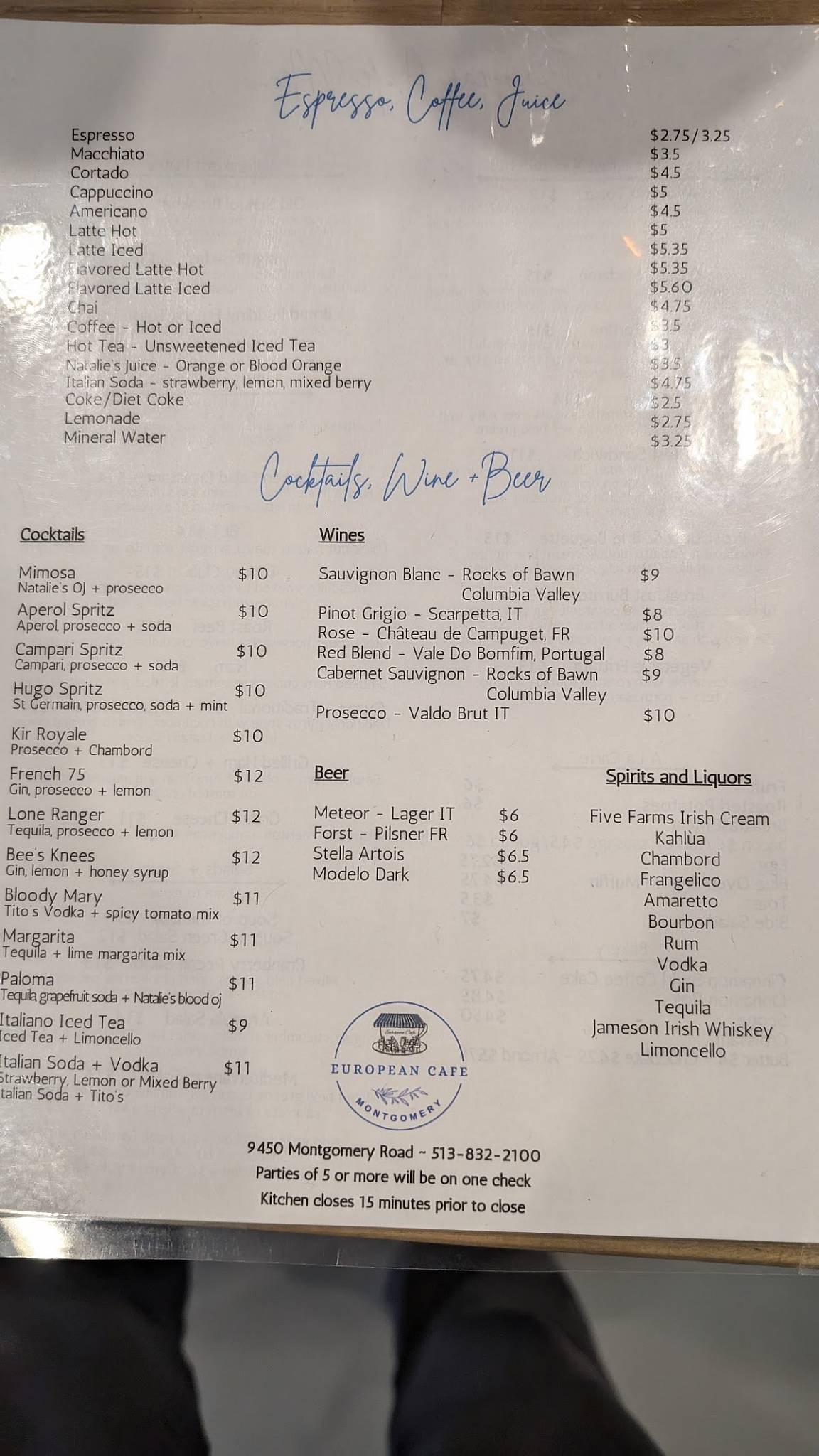 Menu at European Cafe, Montgomery
