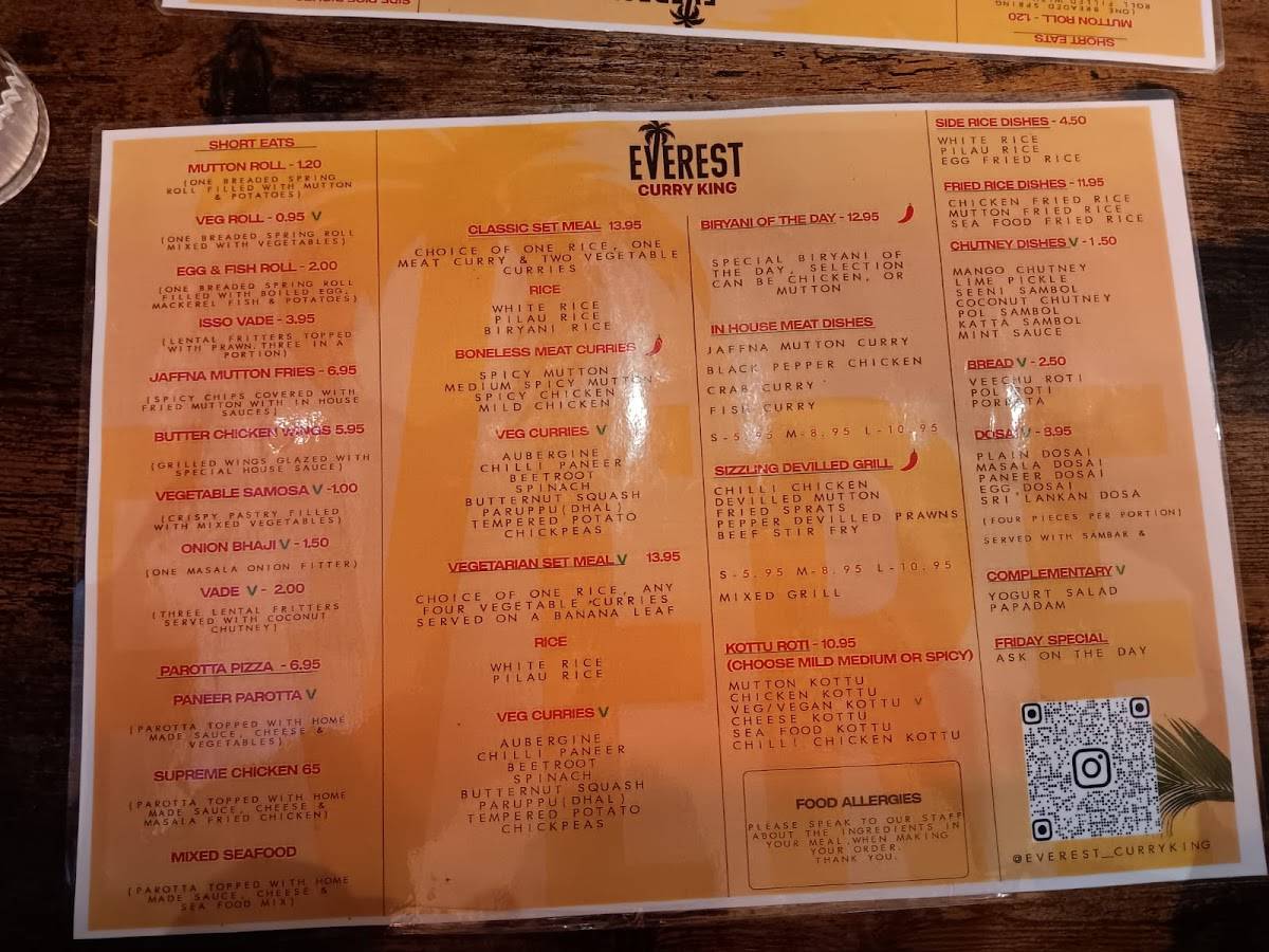 Menu at Everest Curry King fast food, London