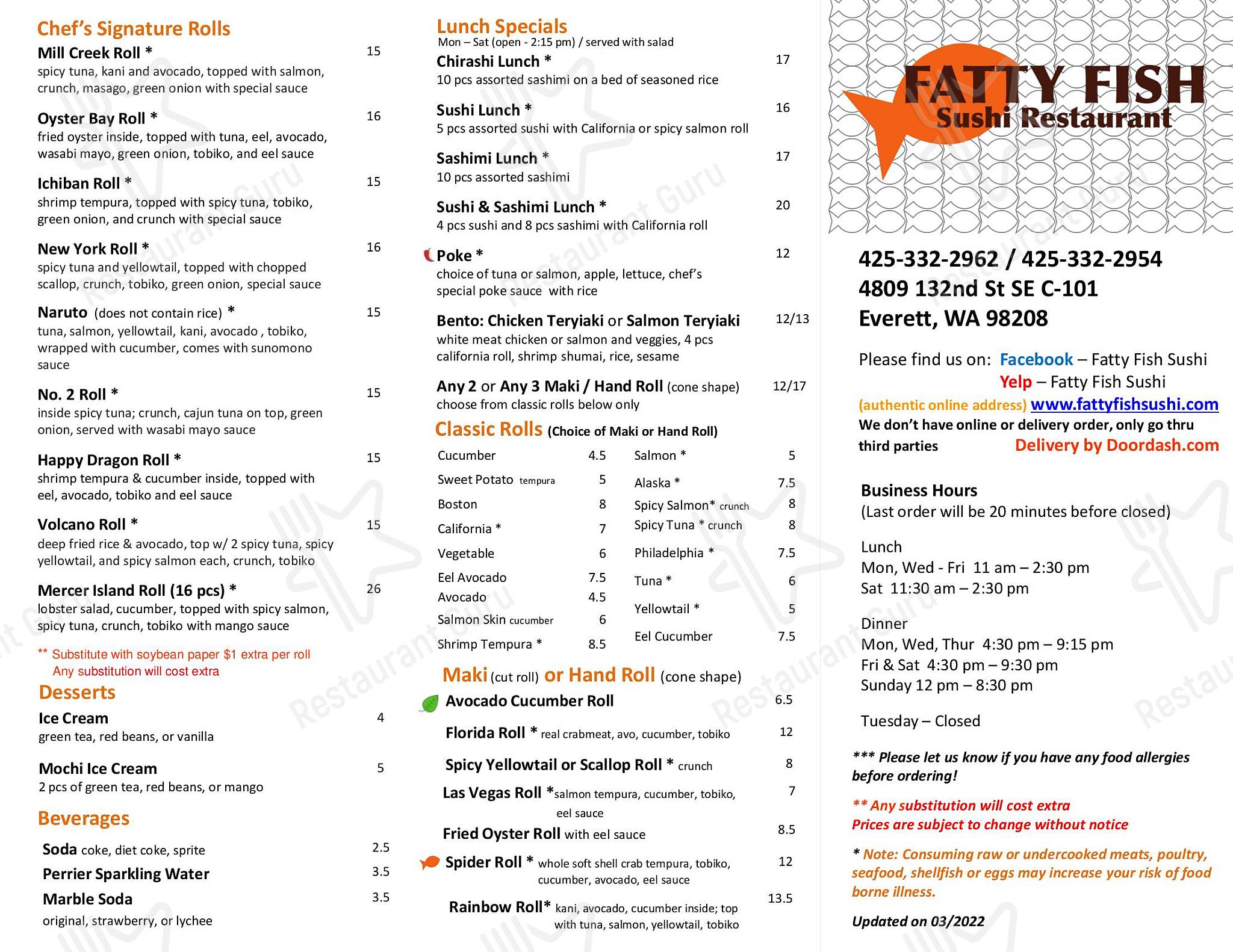 Menu at Fatty Fish Sushi Restaurant, Everett