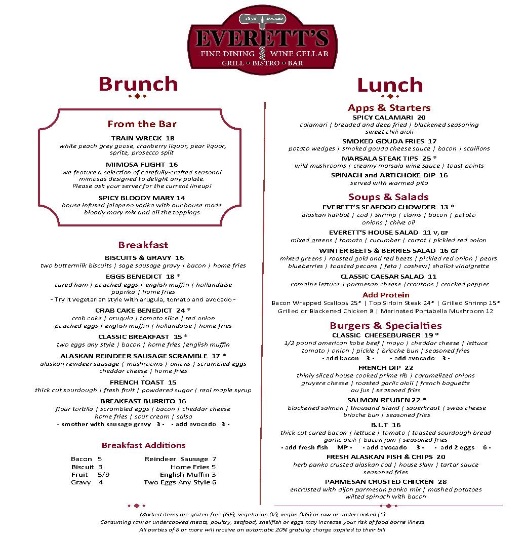 Menu at Everett's pub & bar, Wasilla