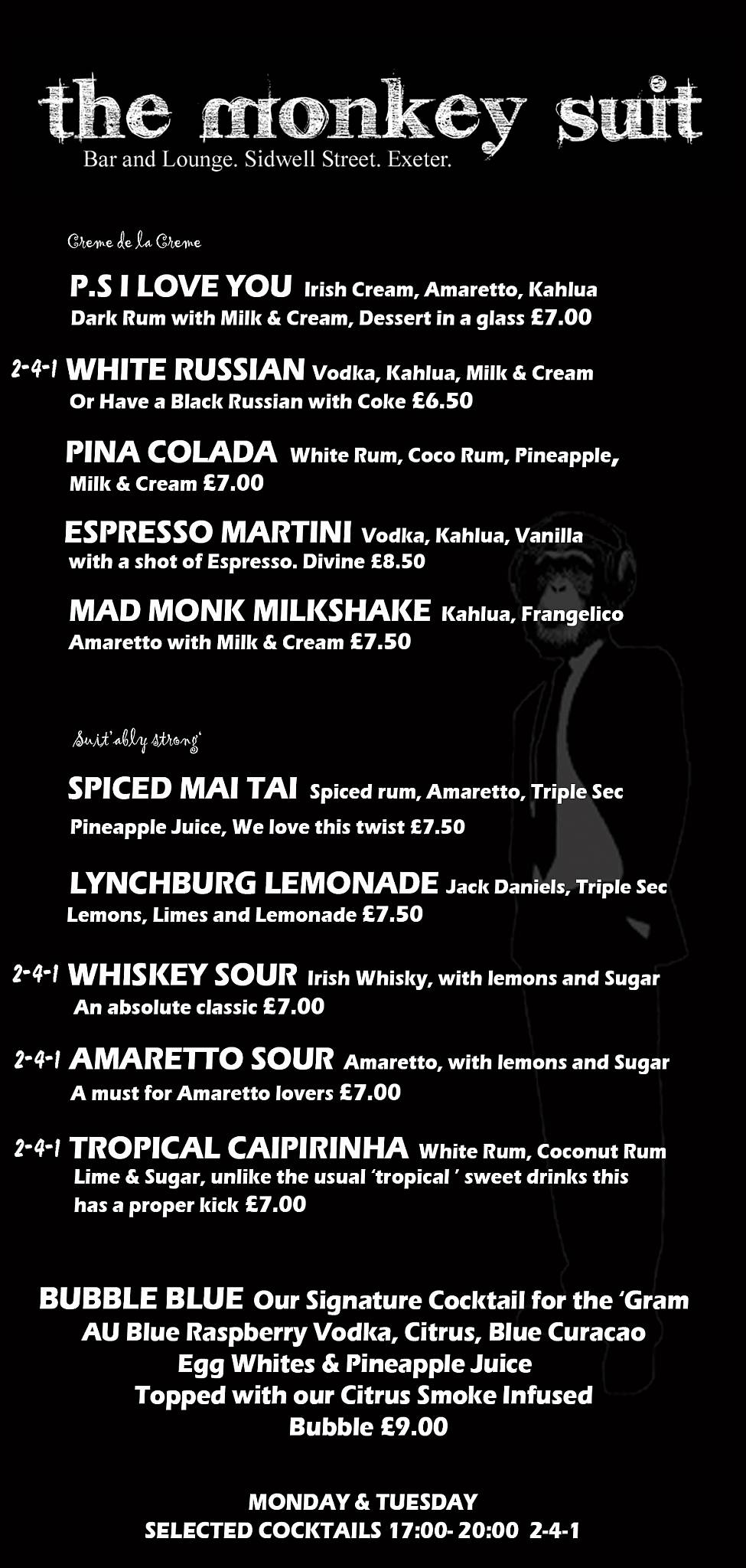 Menu at The Monkey Suit pub & bar, Exeter