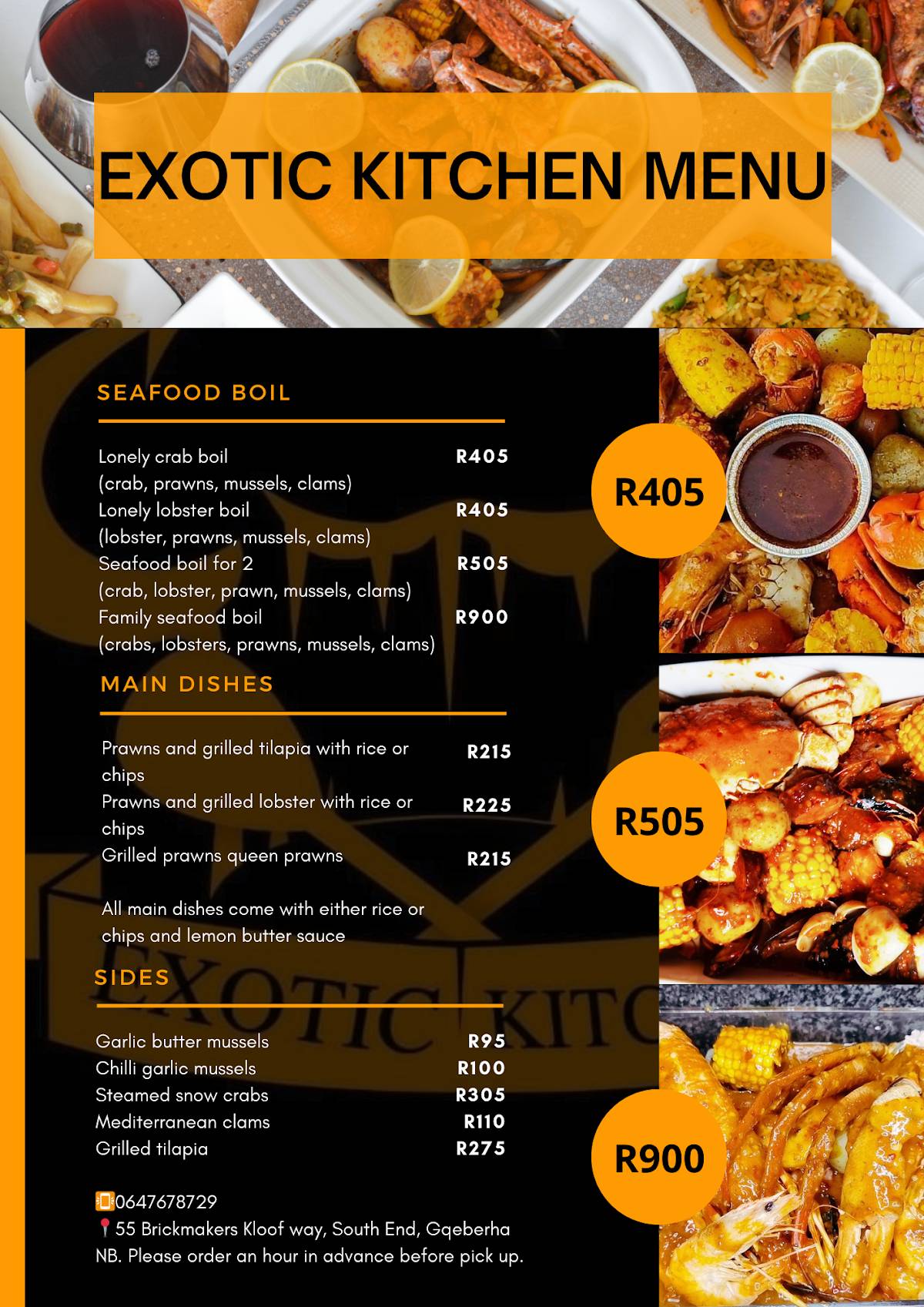 Menu at Exotic seafood kitchen restaurant, South Africa