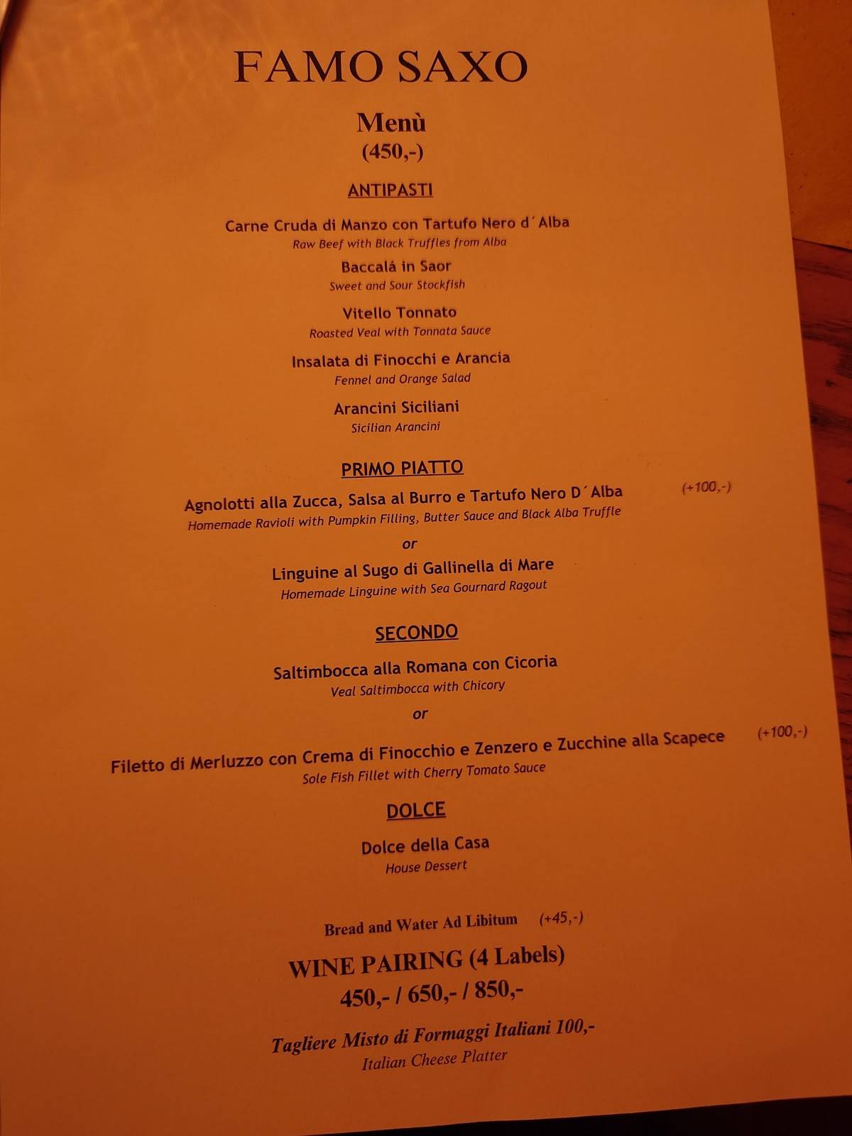 Menu at FAMO Saxo restaurant, Copenhagen, Saxogade 3